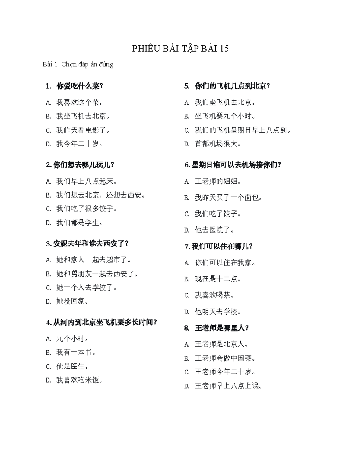 PHIẾU BÀI TẬP BÀI 15: Chọn Đáp Án Đúng - Basic - Studocu