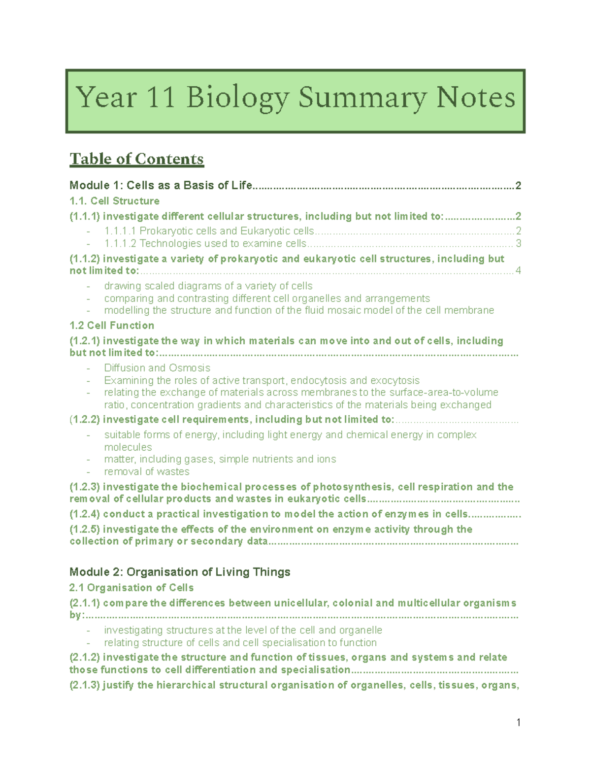 Year 11 Biology Module Summaries: Cells & Life Processes - Studocu
