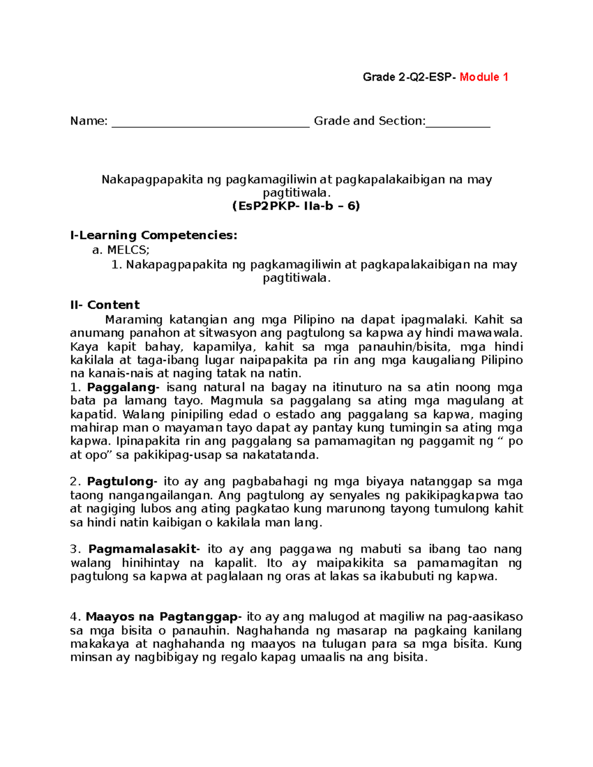 Grade 2-Q2-ESP- Module 1 - Grade 2-Q2-ESP- Module 1 Name