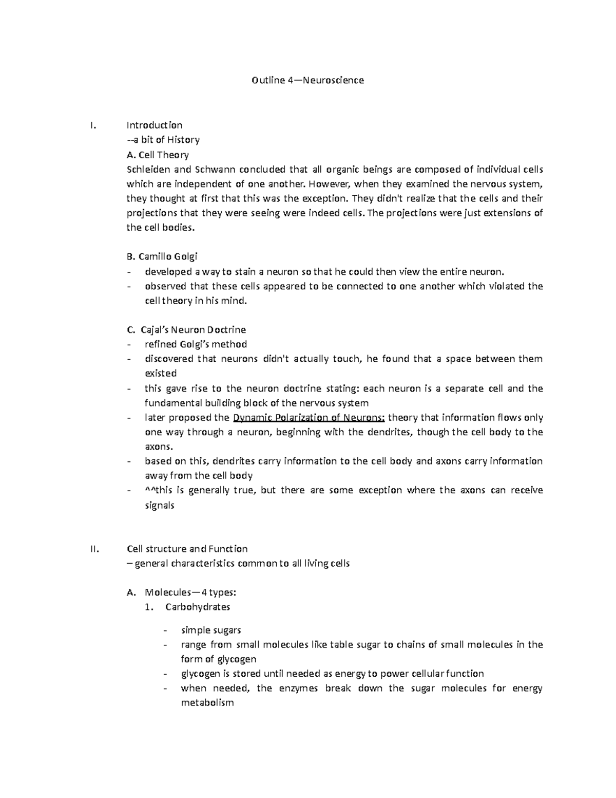 Outline 4 - Neuroscience: Cell Structure, Functions, and Neuron ...