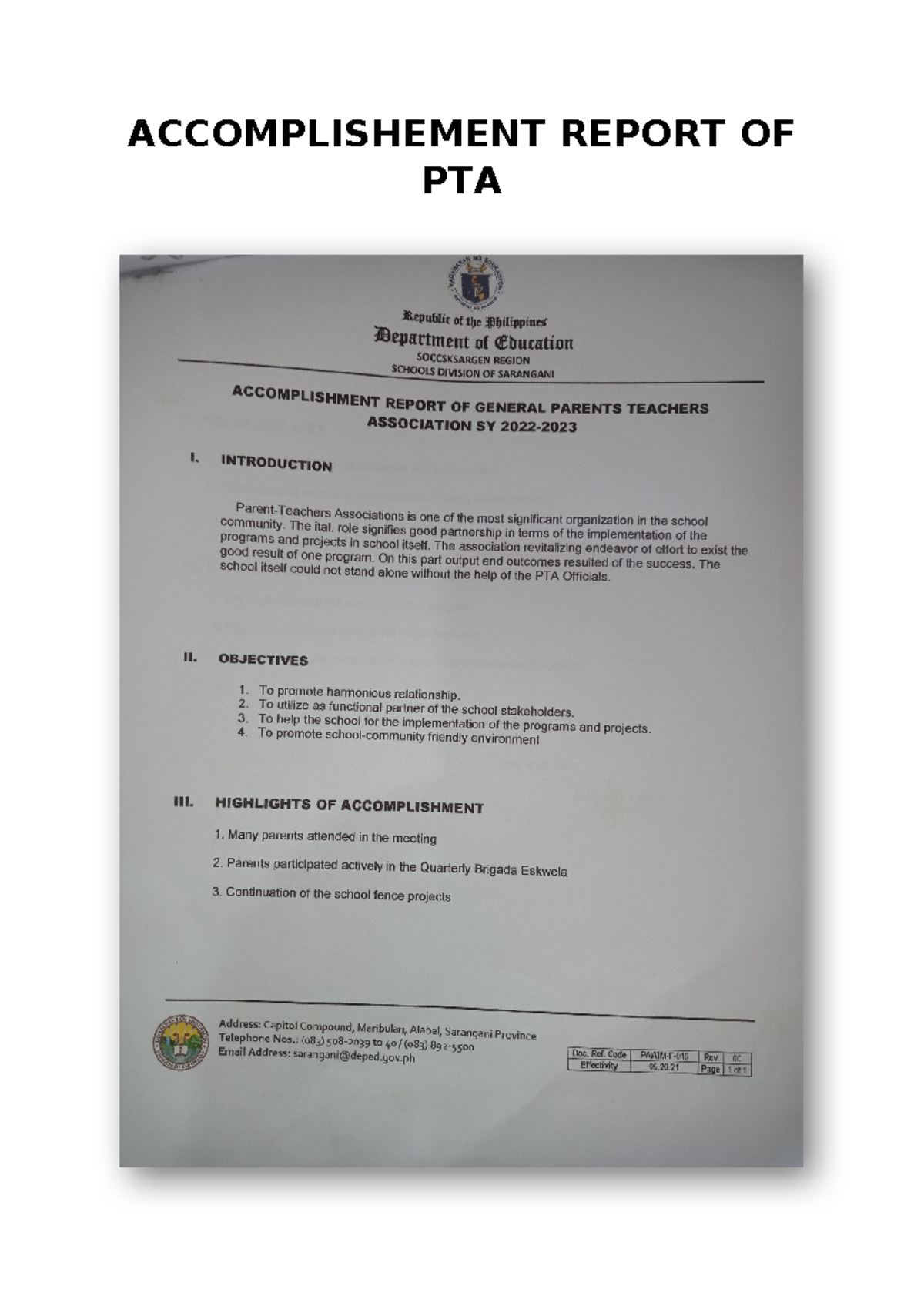 PTA Accomplishment Report for SY 2021-2022 in Sarangani Region - Studocu