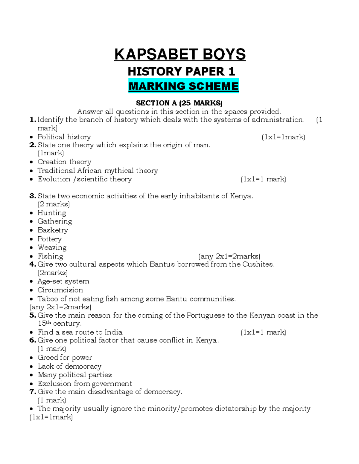 HIST PP1 MS-1: Kapsabet Boys History Paper 1 Marking Scheme Insights ...
