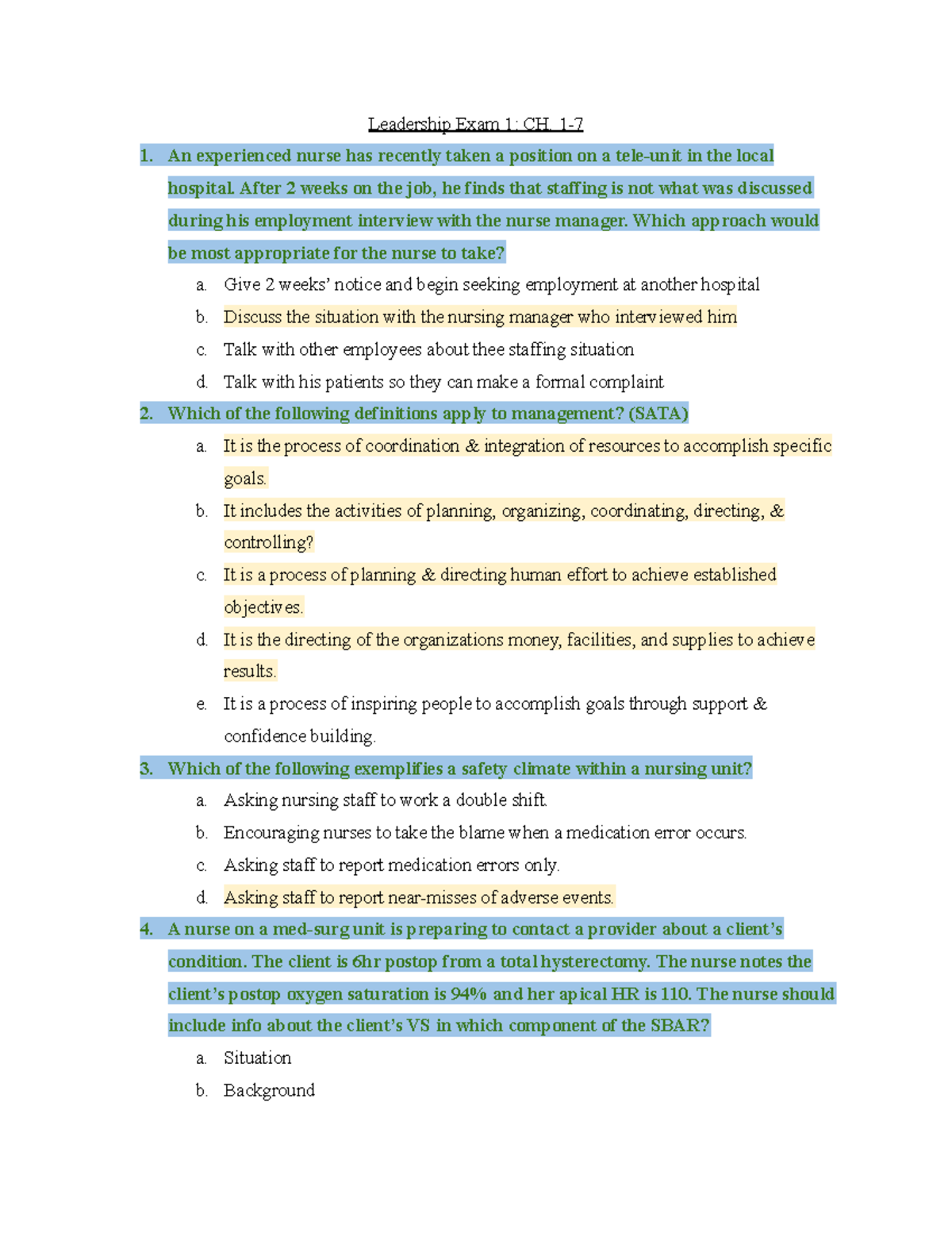 Leadership Exam 1: Key Questions and Concepts from CH. 1-2 - Studocu