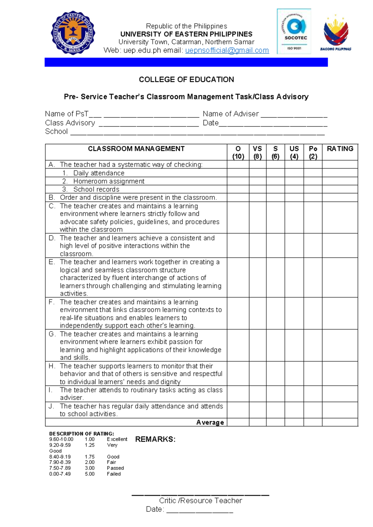 Evaluation sheet classroom advisory tasks 1 - Republic of the ...