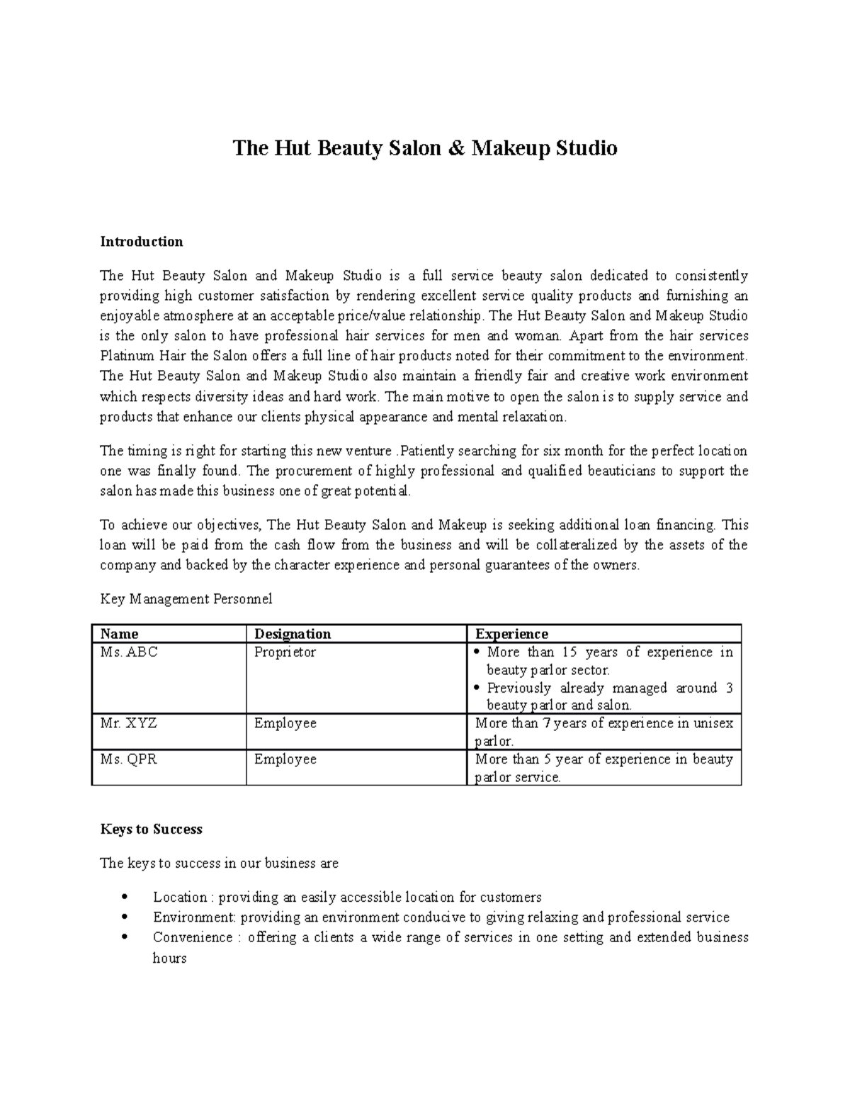 Business Plan for The Hut Beauty Salon & Makeup Studio - Studocu