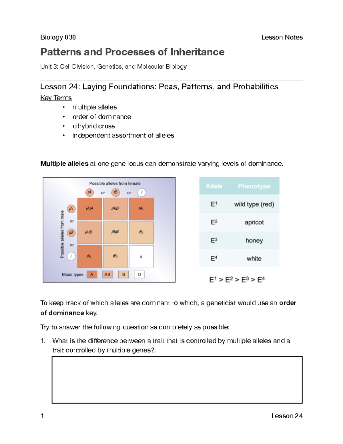 Biology 030 Lesson 24 Notes: Inheritance Patterns & Key Terms - Studocu