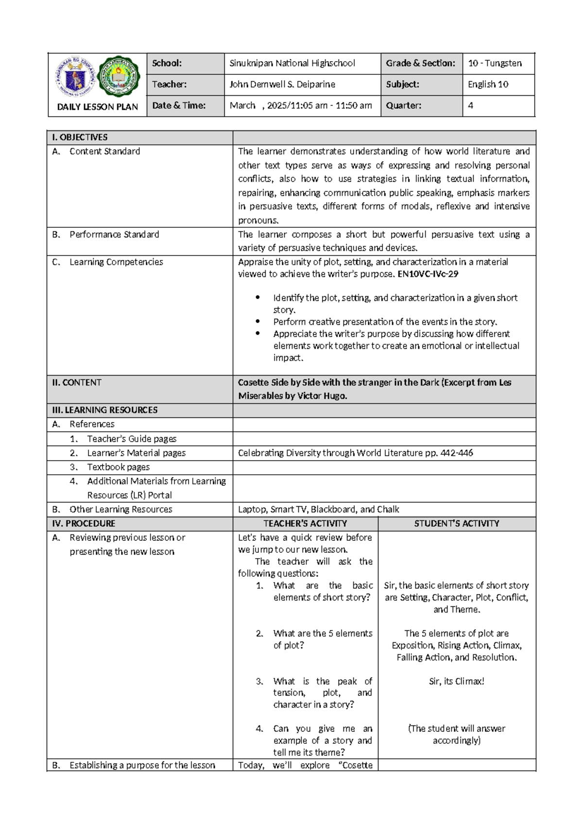 ENG10 Daily Lesson Plan: Exploring Themes in Les Miserables Excerpt ...