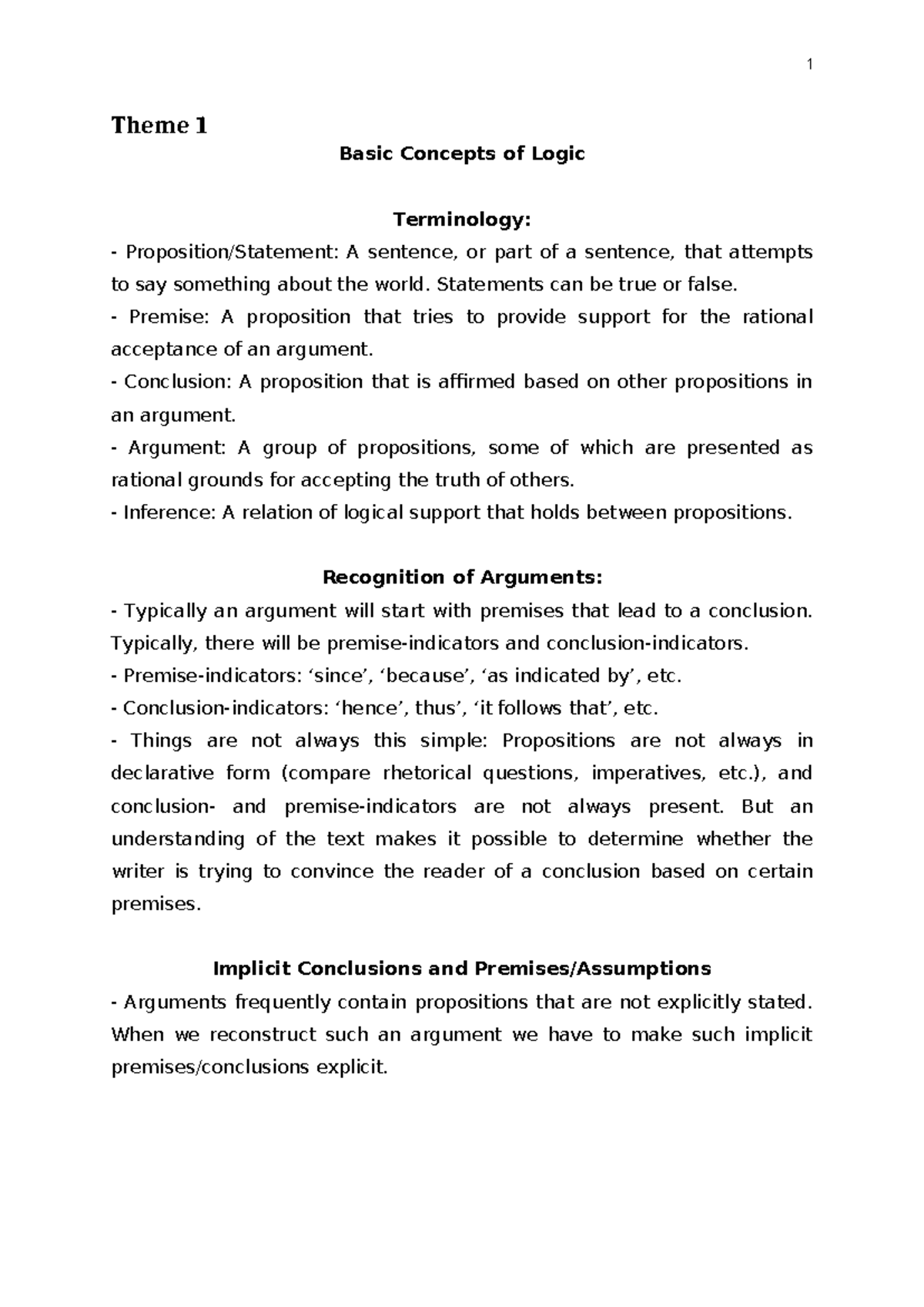 Extra Logic Notes - Theme 1: Basic Concepts of Logic - Studocu
