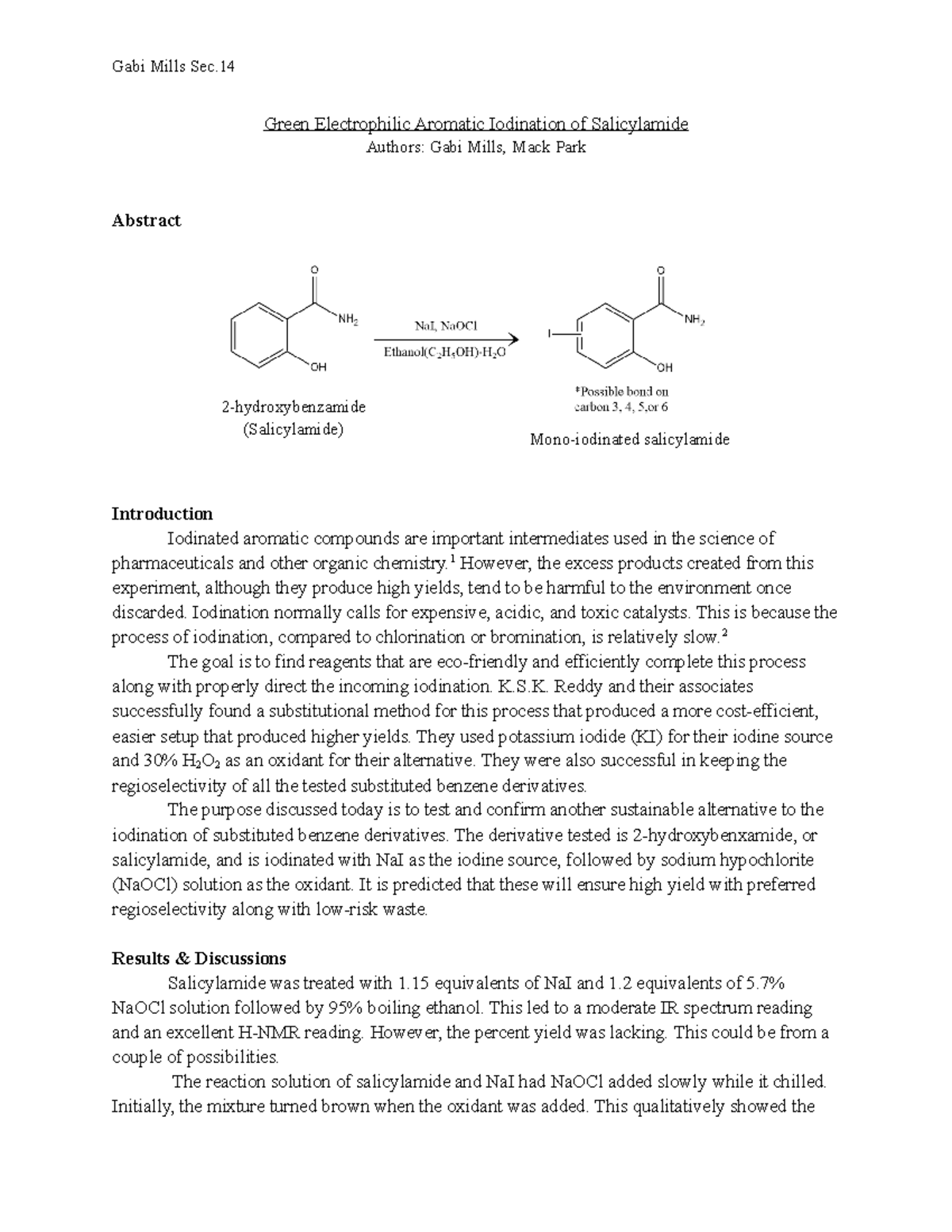 Green Electrophilic Aromatic Iodination of Salicylamide Lab Report ...