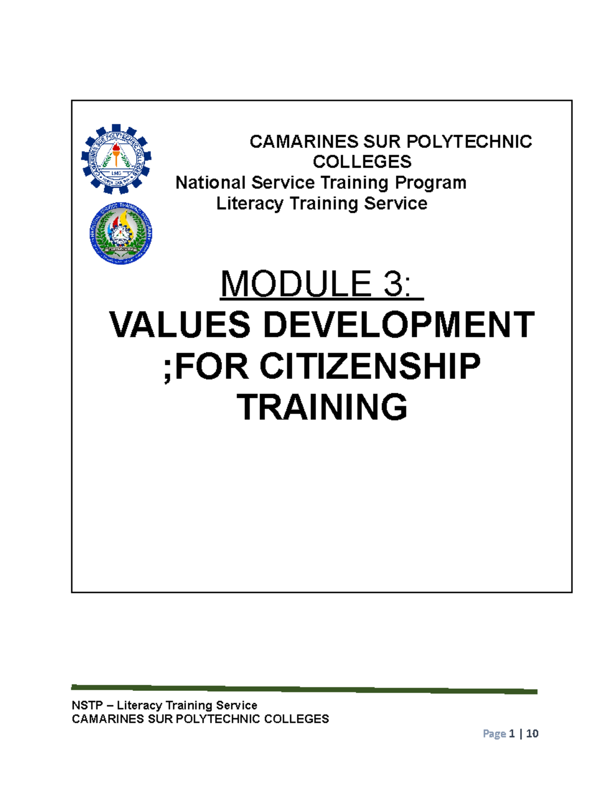 Module 3: Values Development for Citizenship (NSTP-LTS) - Studocu