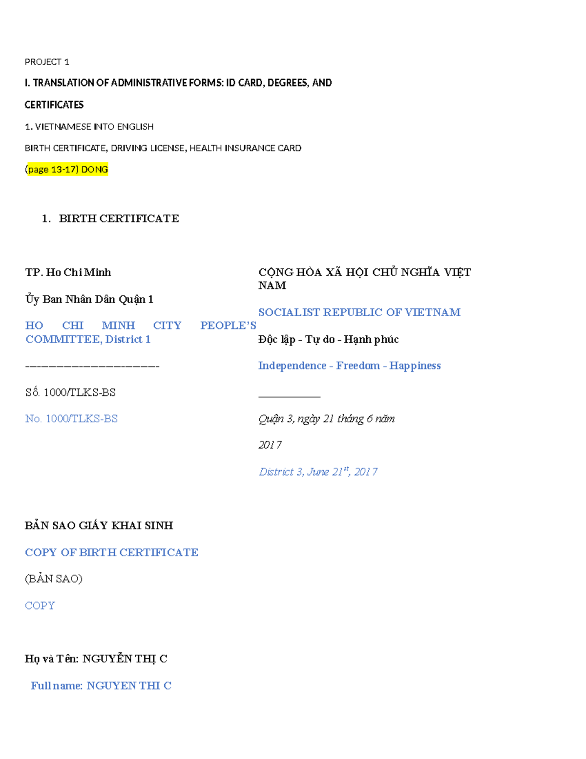 Assignments ELT401 - PROJECT 1 I. TRANSLATION OF ADMINISTRATIVE FORMS ...