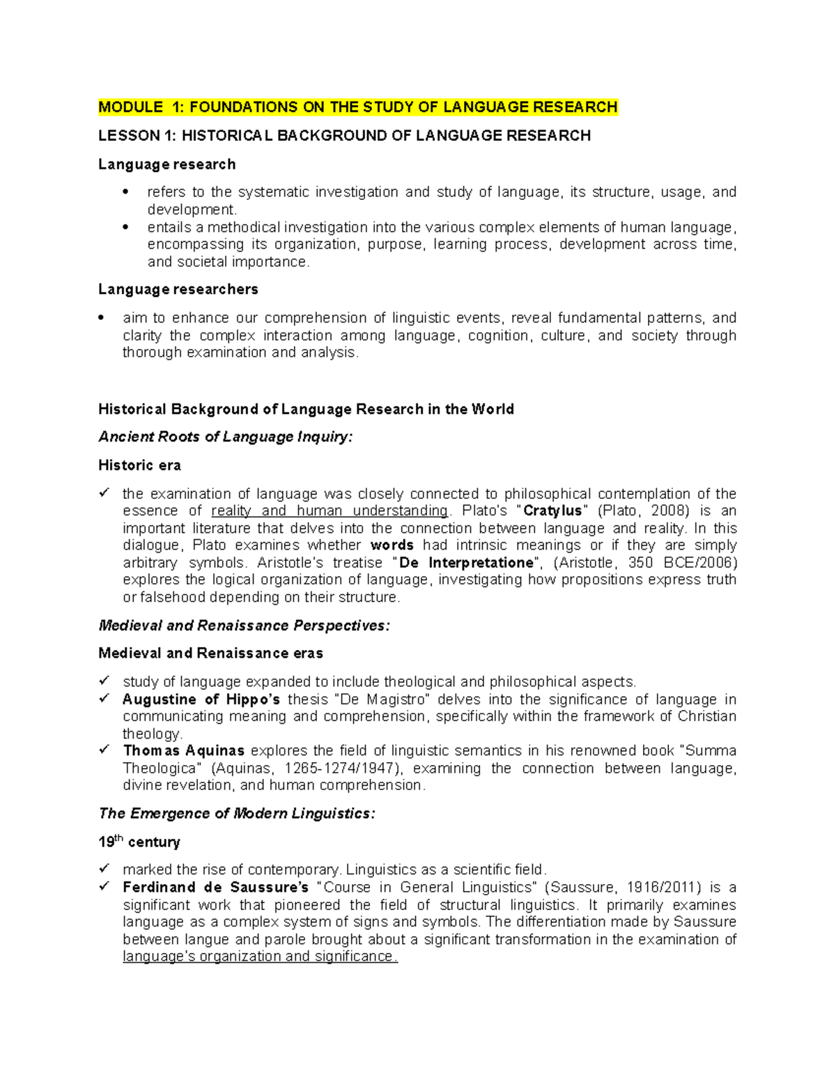 MODULE 1: FOUNDATIONS OF LANGUAGE RESEARCH - HISTORICAL BACKGROUND ...
