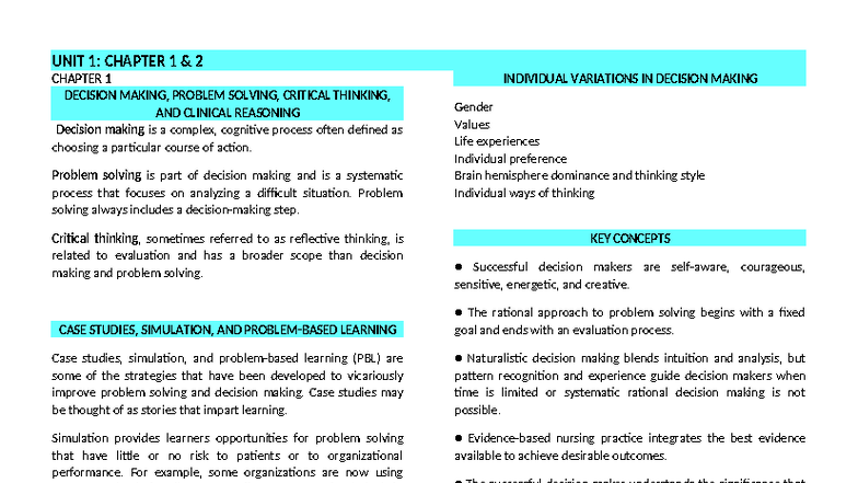 UNIT 1: CHAPTER 1 - DECISION MAKING & CRITICAL THINKING NOTES - Studocu