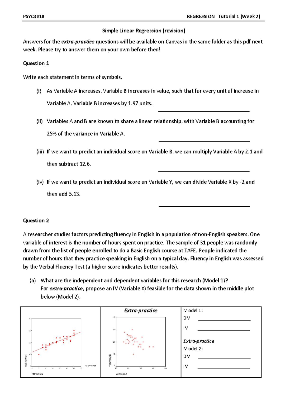 PSYC3010 REGRESSION Tutorial 1 (Week 2) Simple Linear Regression ...