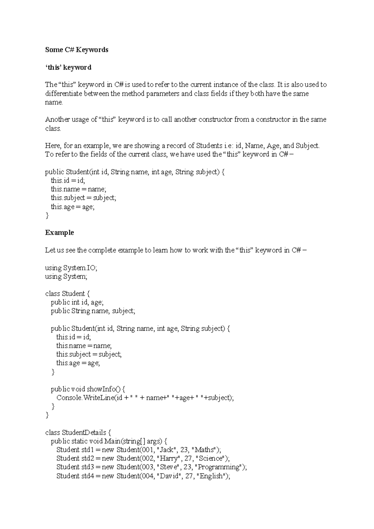 12.1 C# Keywords - Notes - Some C# Keywords ‘this’ keyword The “this ...