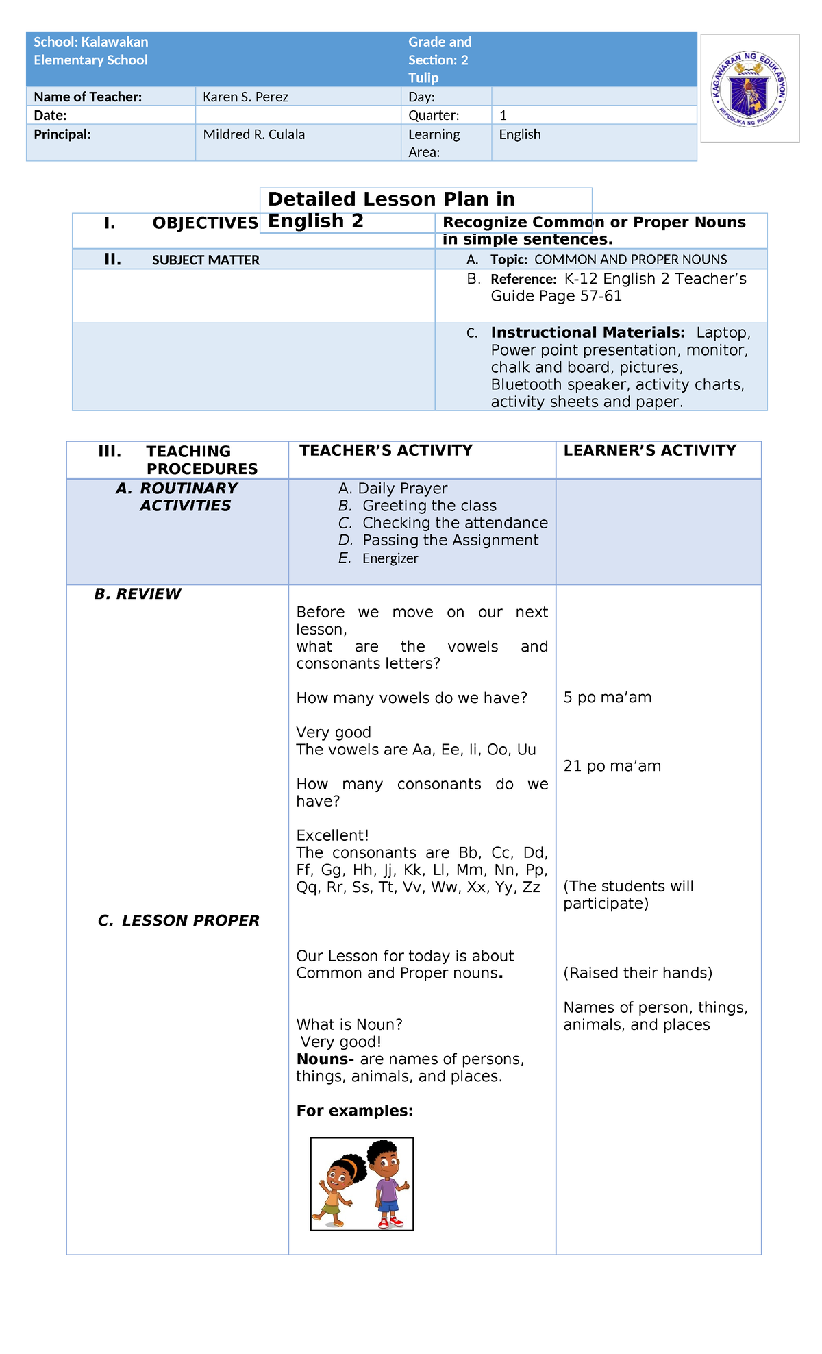 English 2 Q1 Module 3: Detailed Lesson Plan on Nouns - Studocu