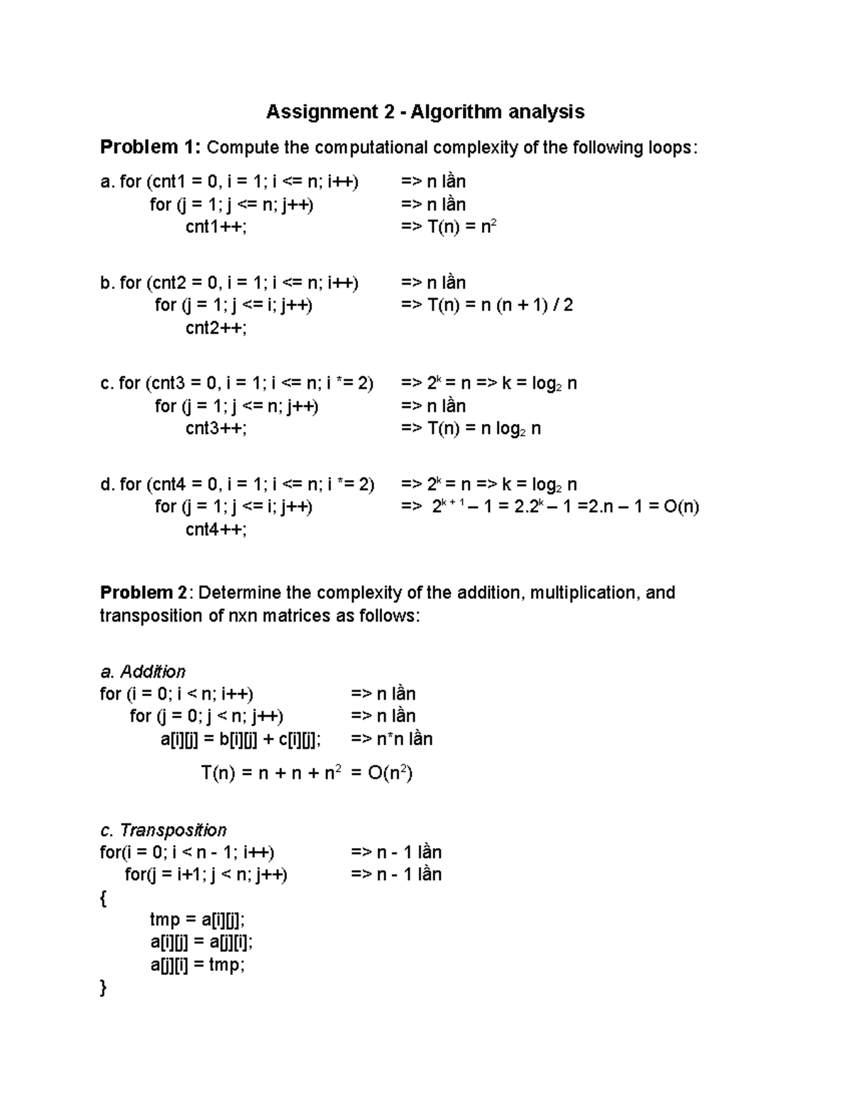 Algorithm Analysis Assignment 2: Complexity of Loops and Matrices - Studocu