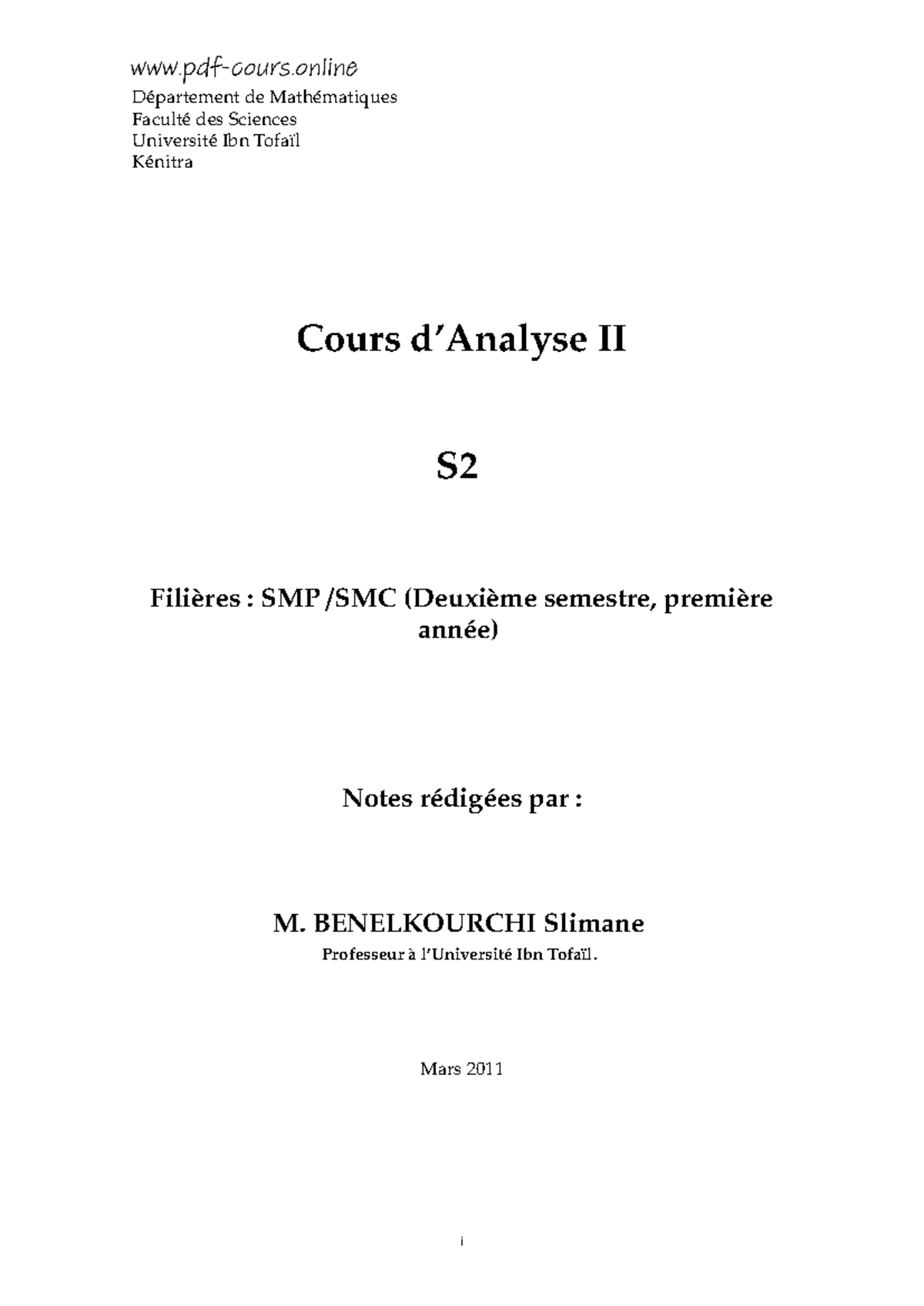Cours 1 analyse 2 smpc s2 - D ́epartement de Math ́ematiques Facult ́e des Sciences Universit ́e ...