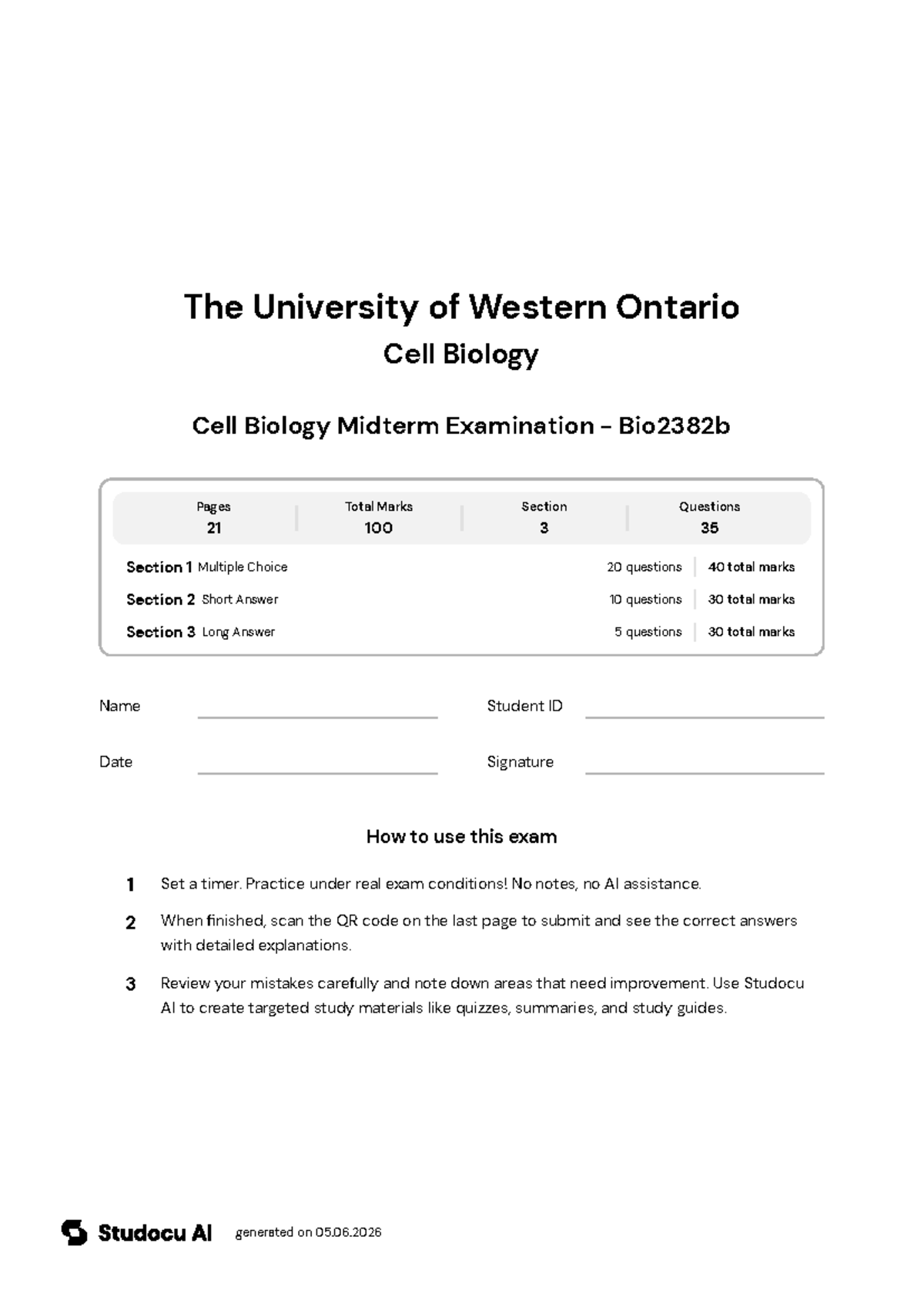Cell Biology Midterm Exam - Bio2382b - Studocu