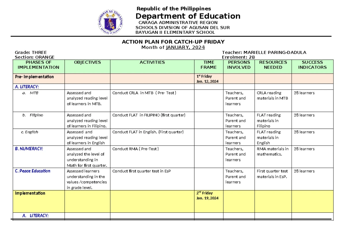 Action Plan for Catch-Up Fridays (Grade III) - Feb 2024 - Studocu