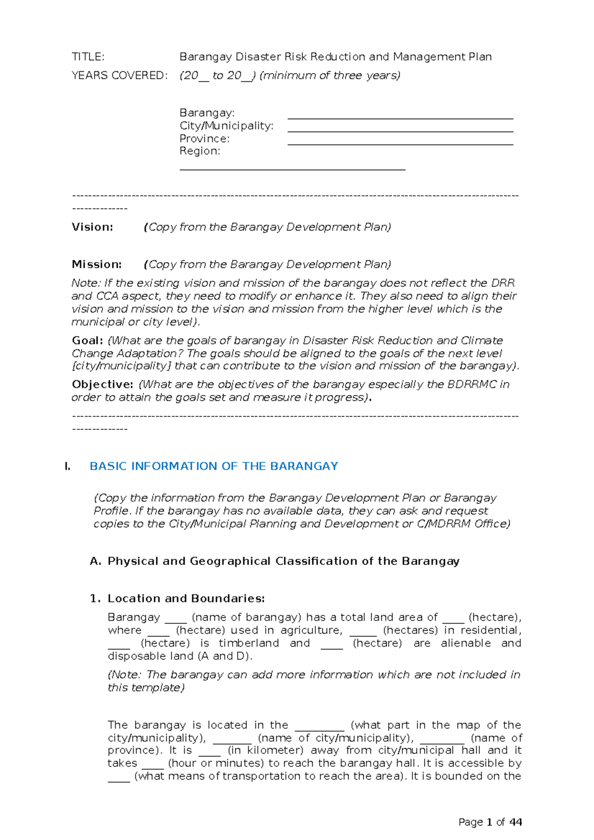 Barangay Disaster Risk Reduction Management Plan Template (BDRRM) - Studocu
