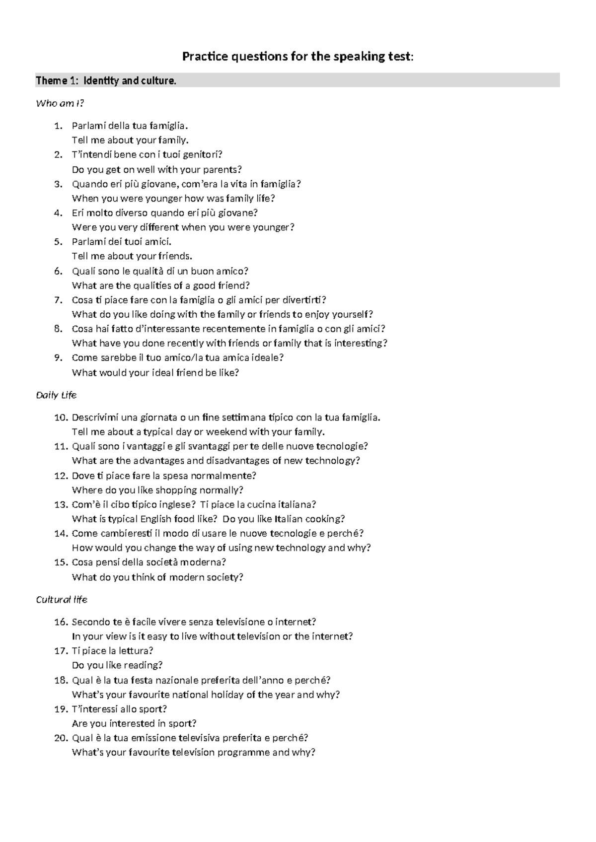 Edexcel GCSE Speaking Test: Practice Questions on Identity, Culture ...