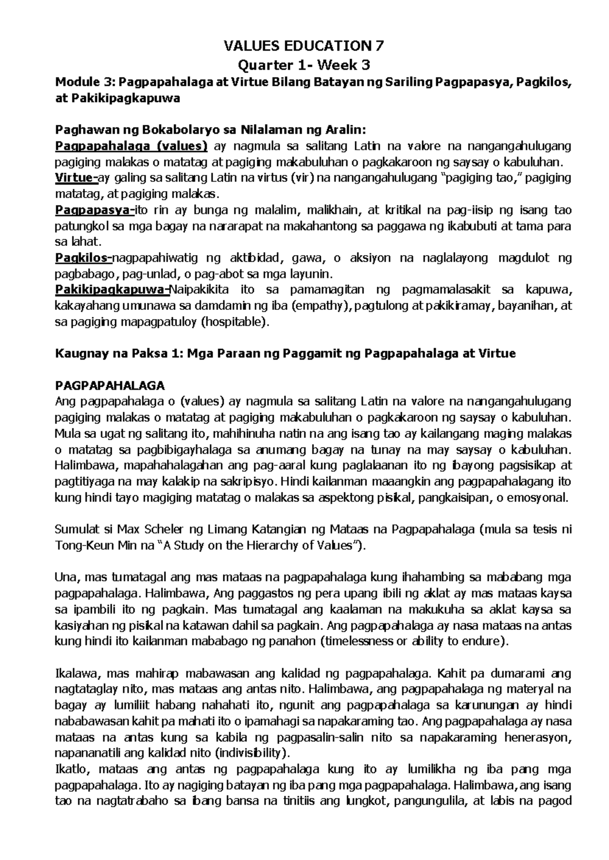 Quarter 1 Notes: Week 3 Values Education 7 - Pagpapahalaga at Virtue ...