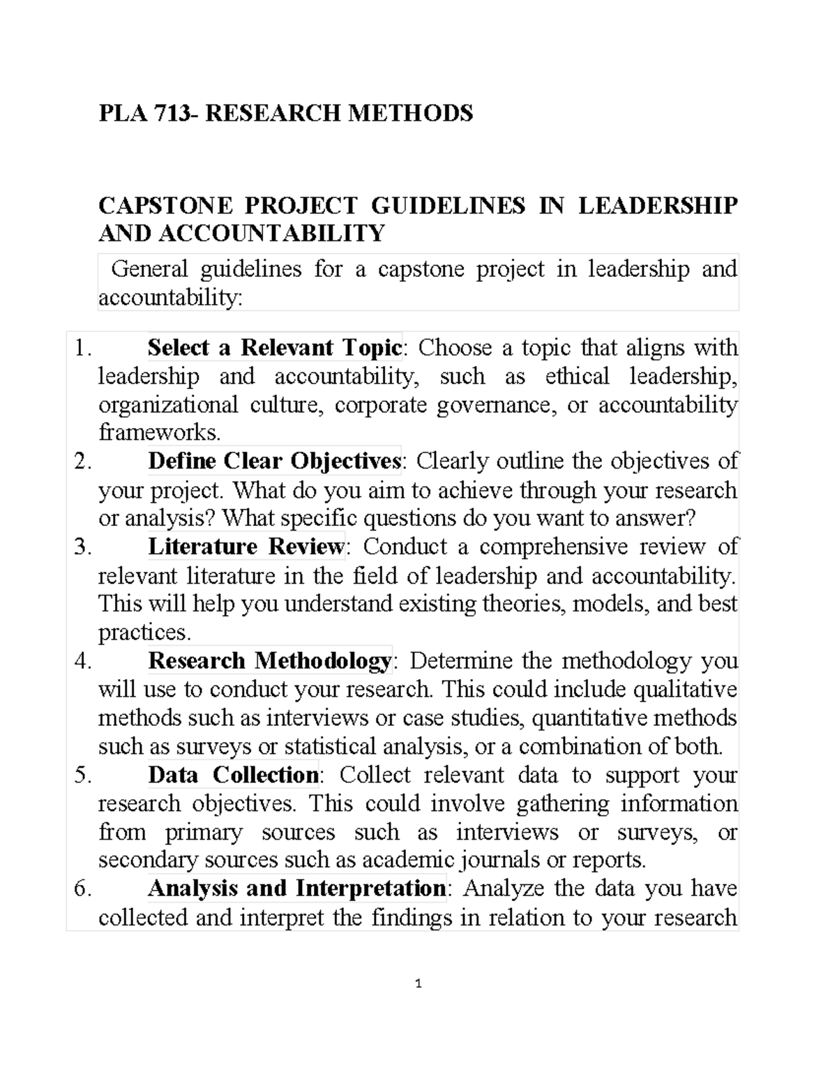 Capstone Project Guidelines in Leadership & Accountability (PLA 713 ...
