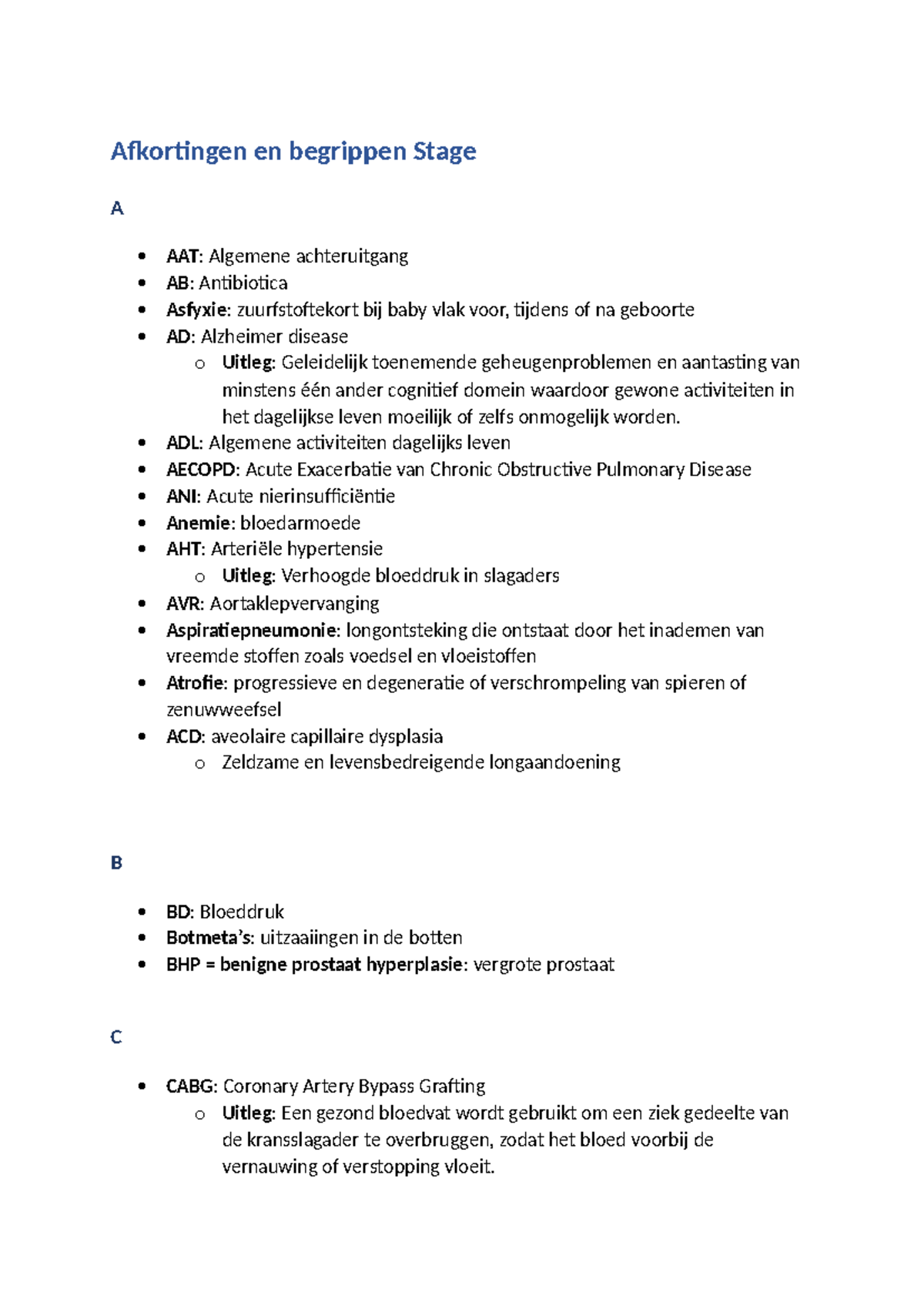 Afkortingen en Begrippen voor Stage A - Medische Terminologie - Studocu