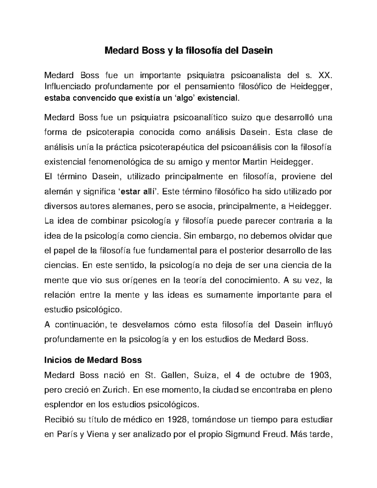 Medard Boss y la Filosofía del Dasein - Historia y Psicología - Studocu