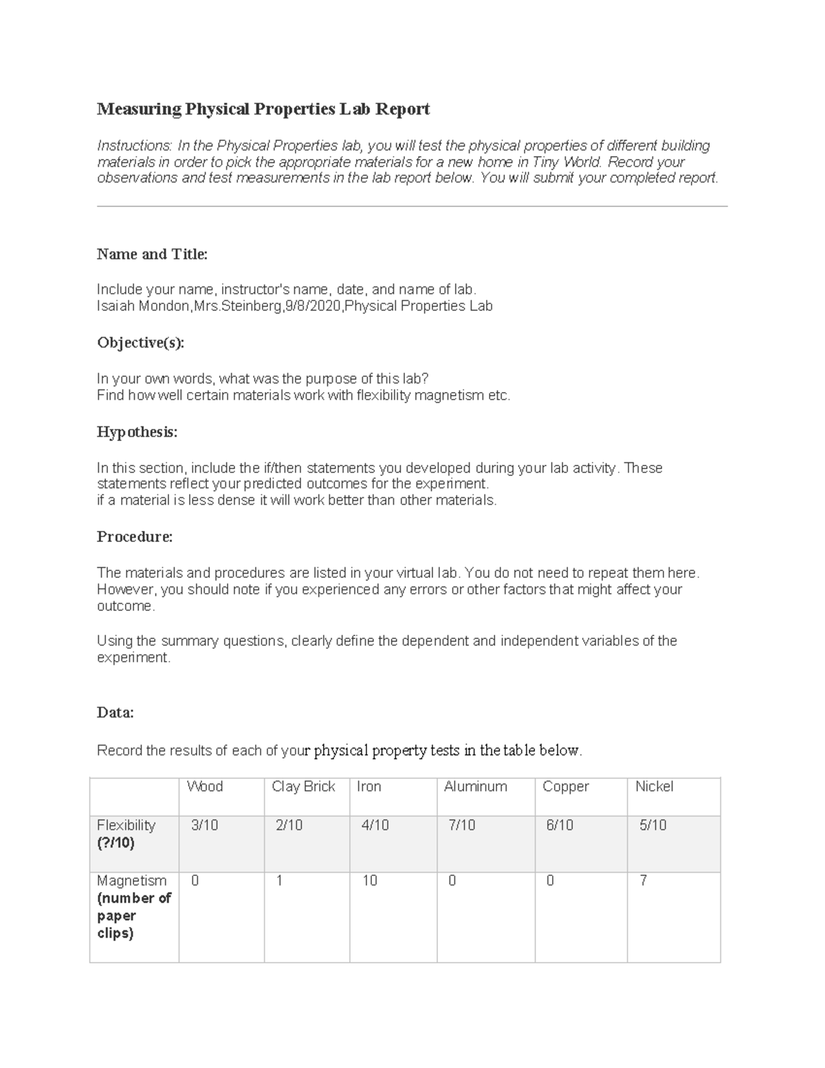 1.05 Physical Properties Lab Report for Science - Studocu