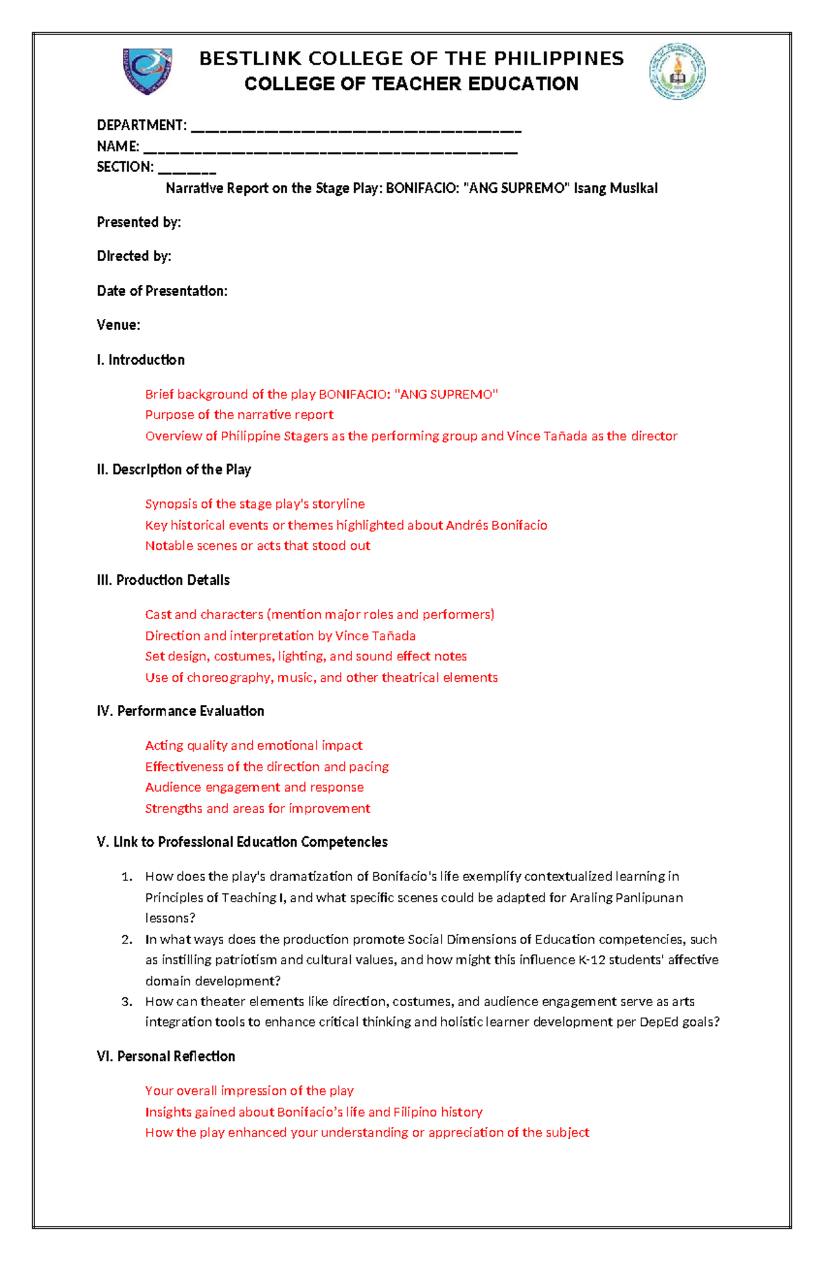 Narrative Report on the Stage Play: BONIFACIO (CTE 101) - Studocu