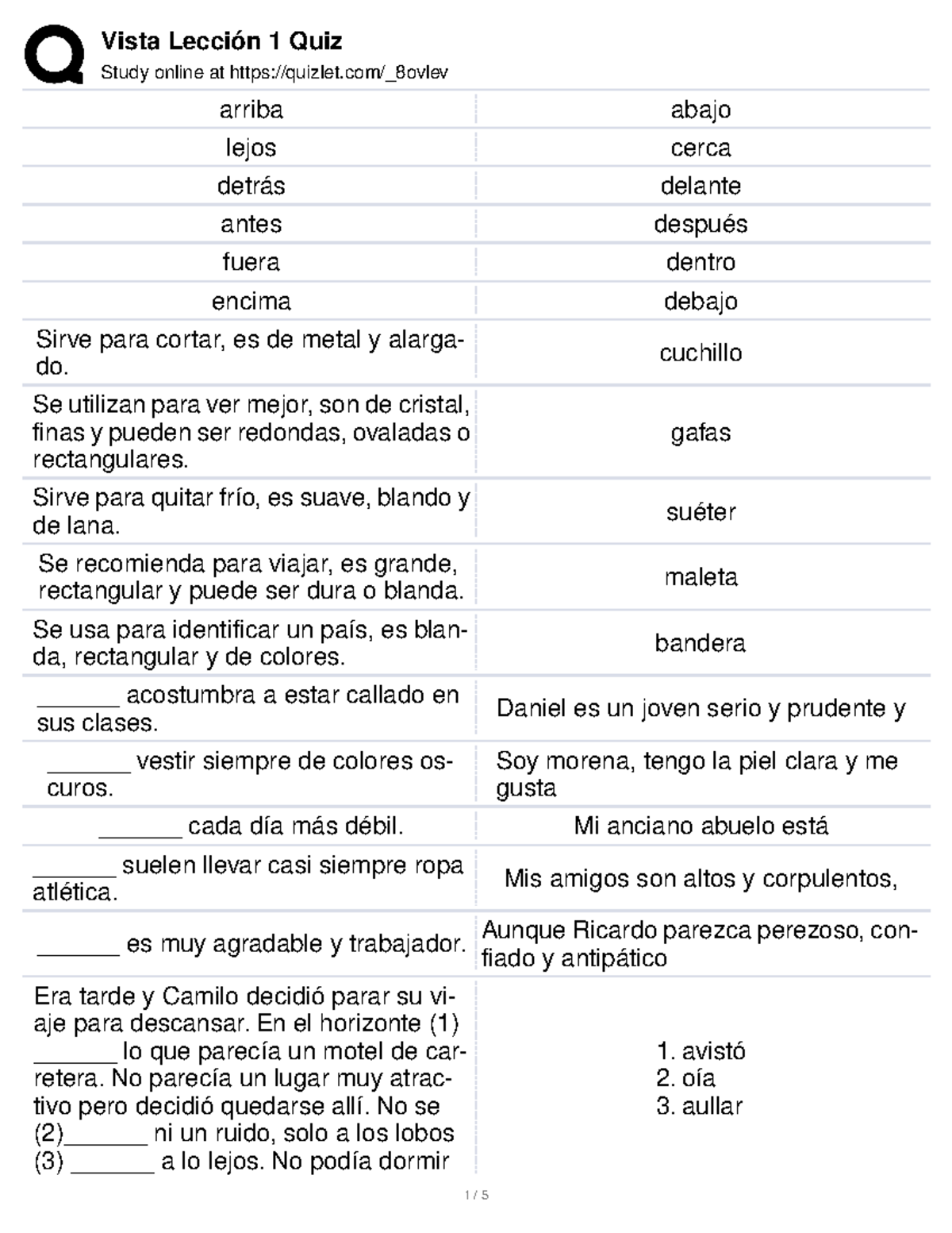 Vista Lección 1 Quiz - Estudio de Ejercicios y Vocabulario - Studocu