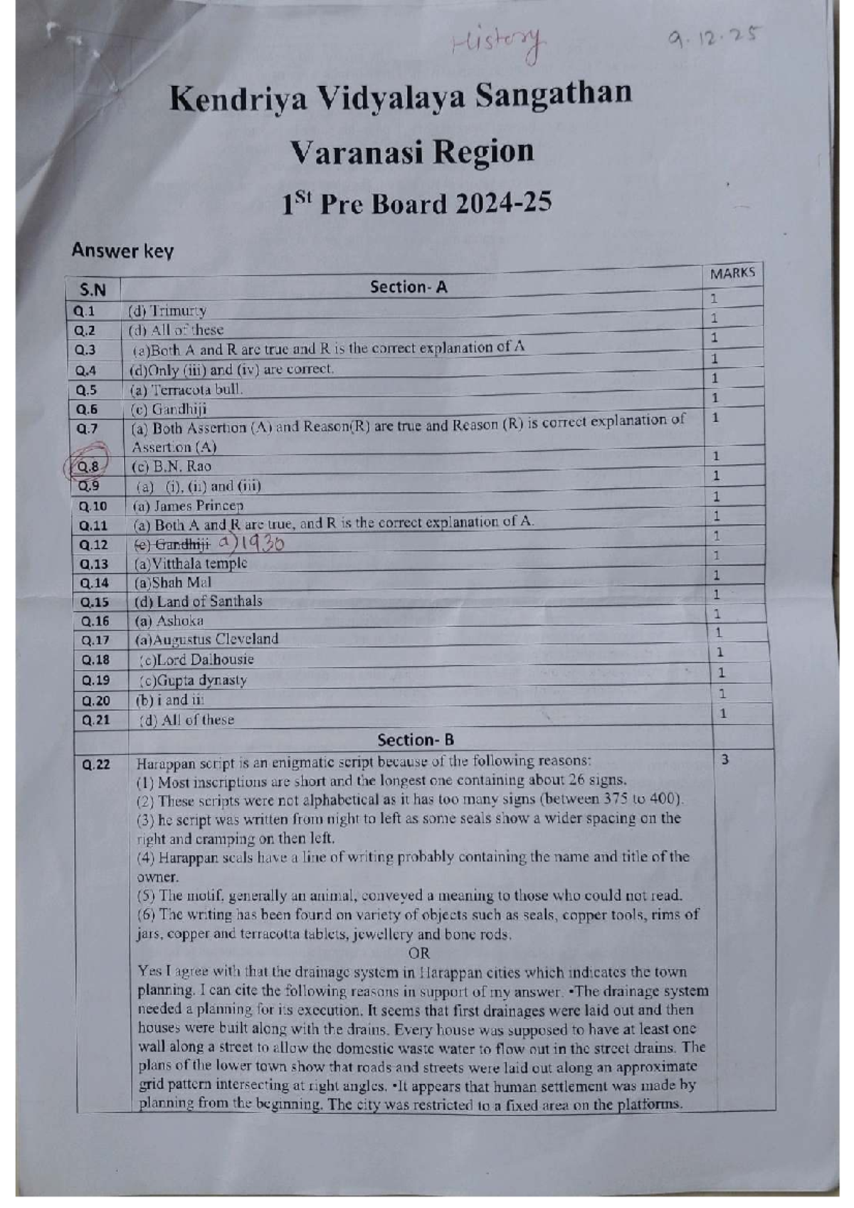 History 9.12.25 Pre Board 1 Answer Key for Kendriya Vidyalaya - Studocu