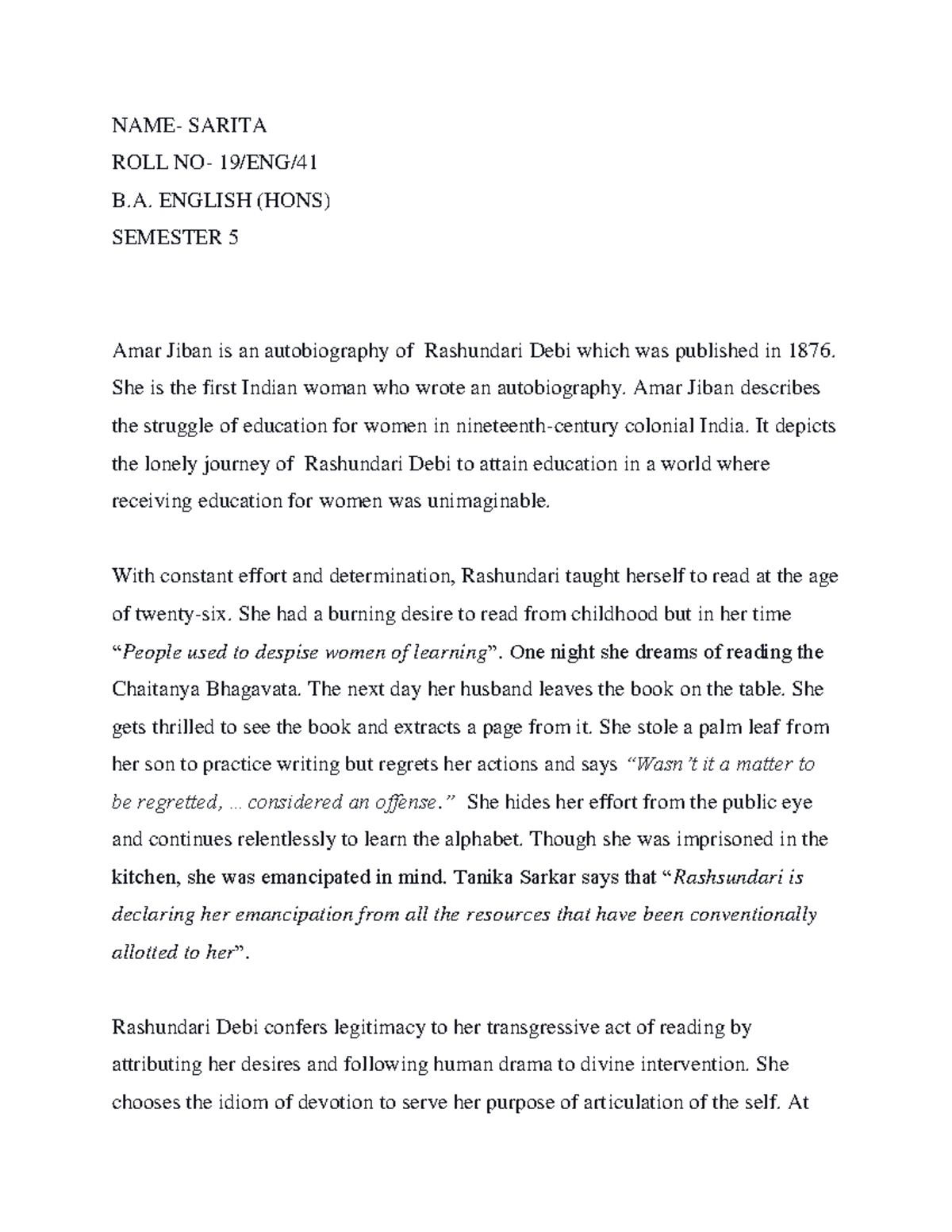 Amar jiban autobiography of rashundari debi - NAME- SARITA ROLL NO- 19 ...