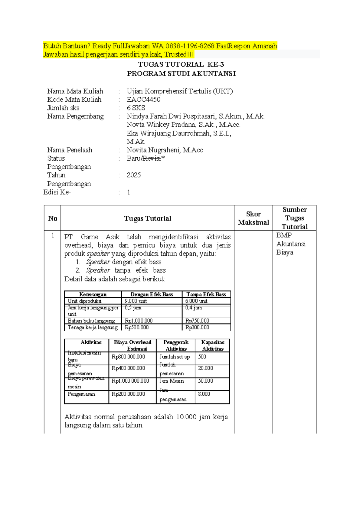 Tugas Tutorial 3: Jurnal Analisis PT Game Asik - EACC4450 - Studocu