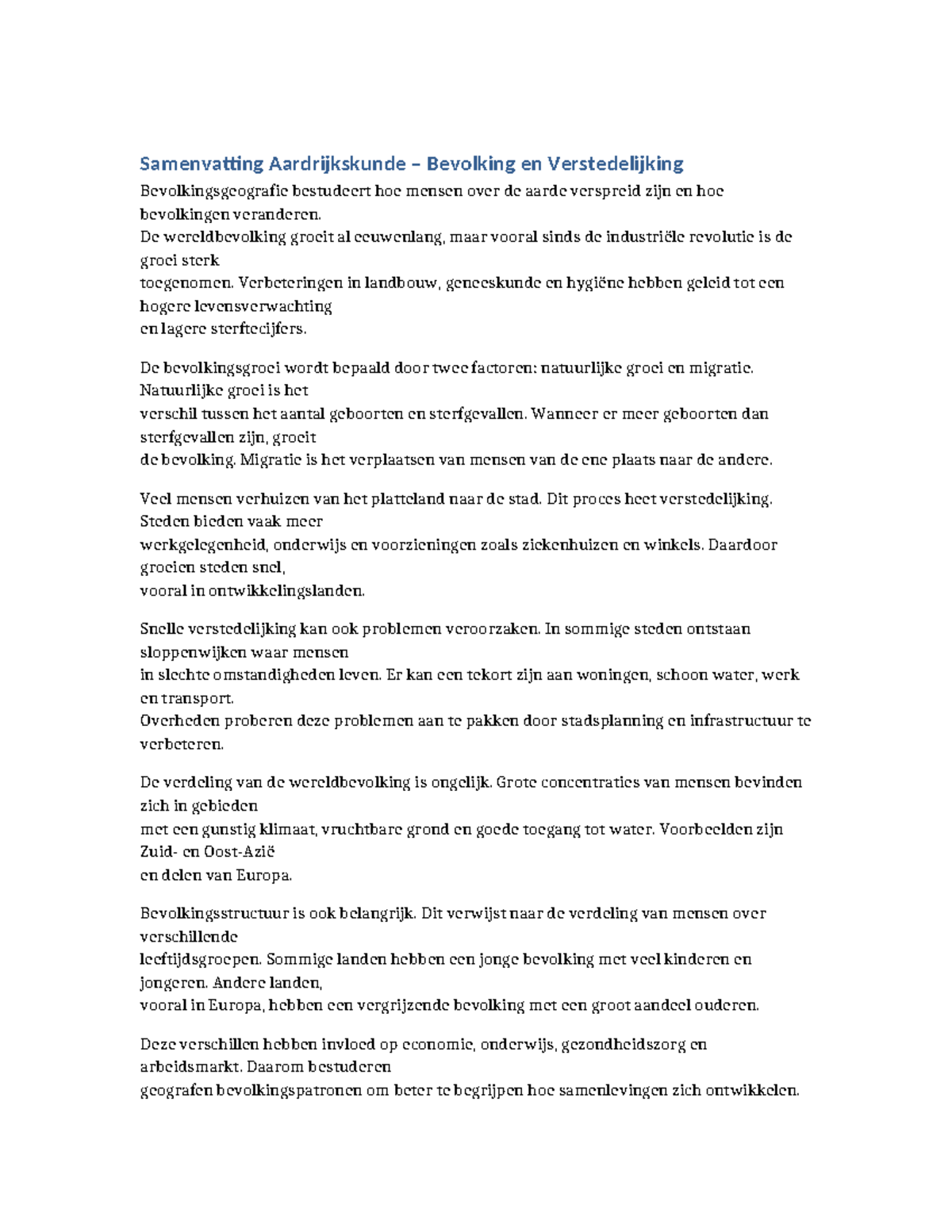 Samenvatting Aardrijkskunde Bevolking en Verstedelijking - Studocu