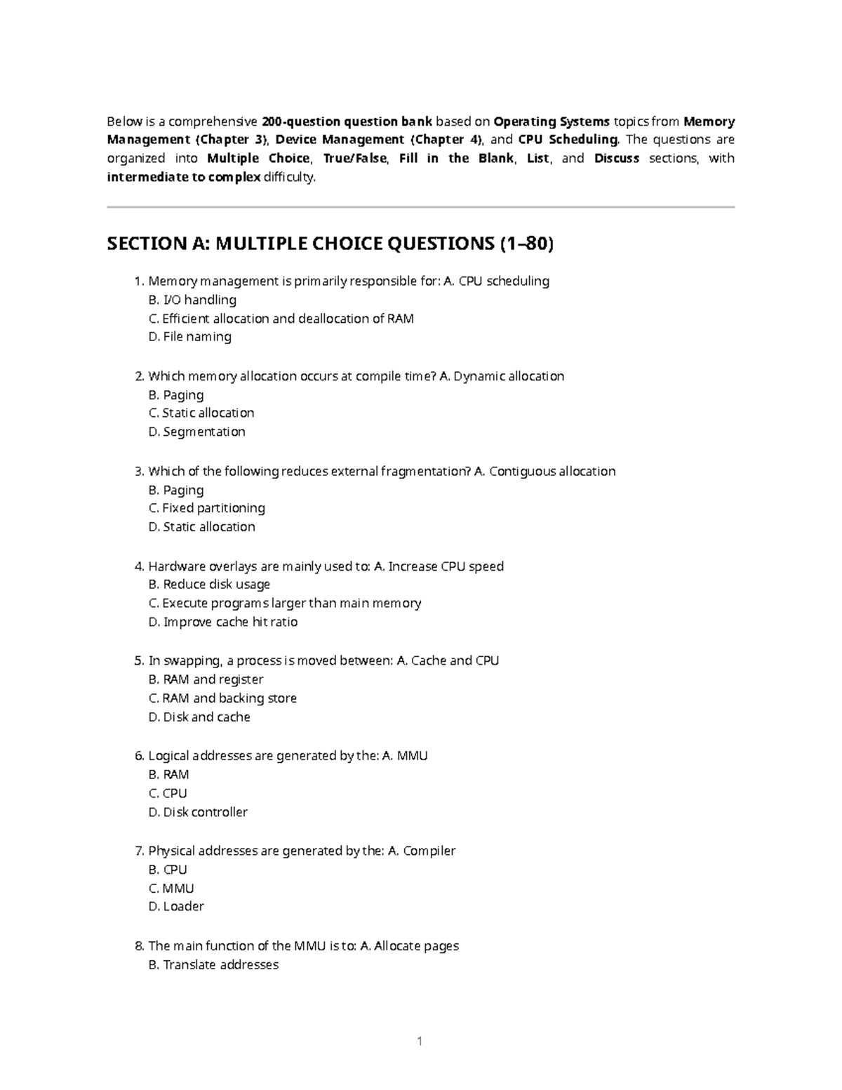 Operating Systems Question Bank (OS 101) - 200 Questions on Memory ...