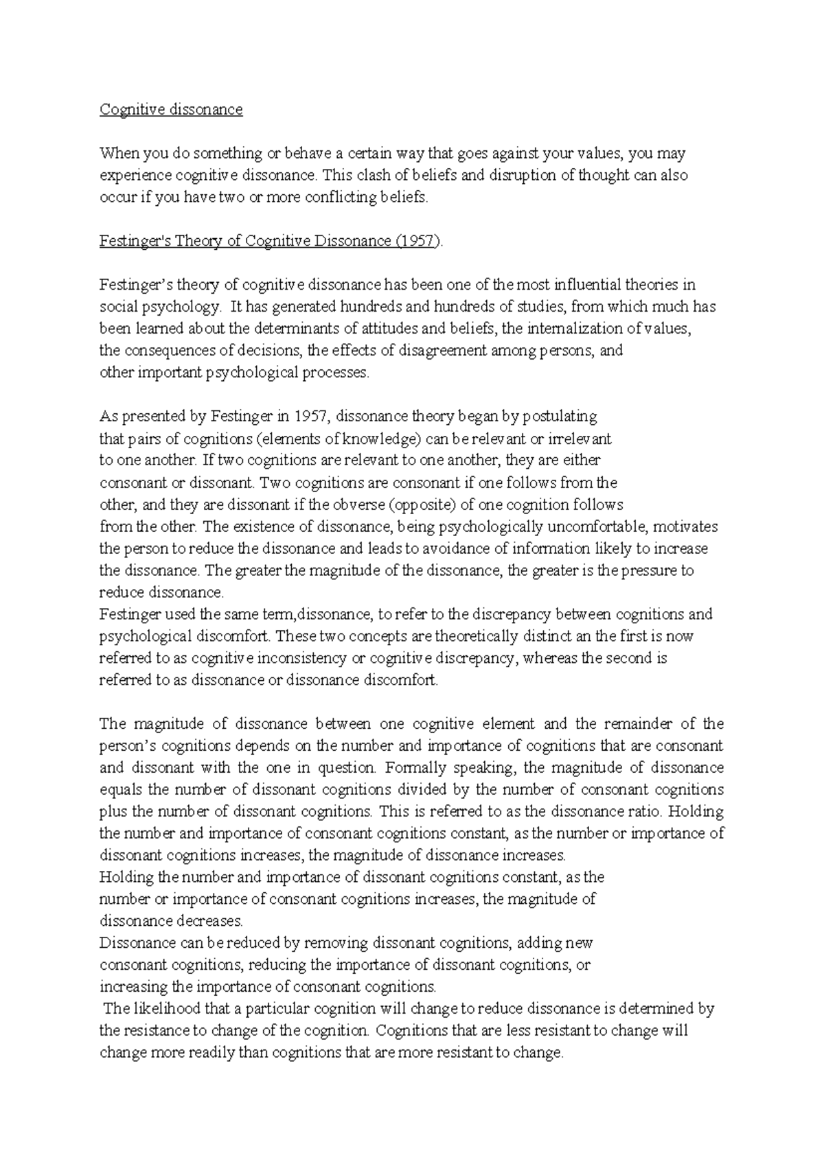 Cognitive Dissonance Overview: Key Concepts & Festinger's Theory - Studocu