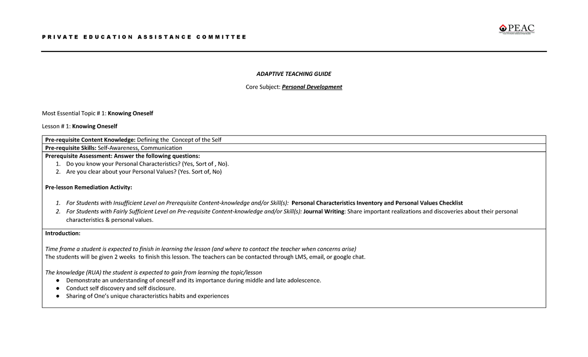 ATG-MET #1: Lesson on Knowing Oneself in Personal Development - Studocu