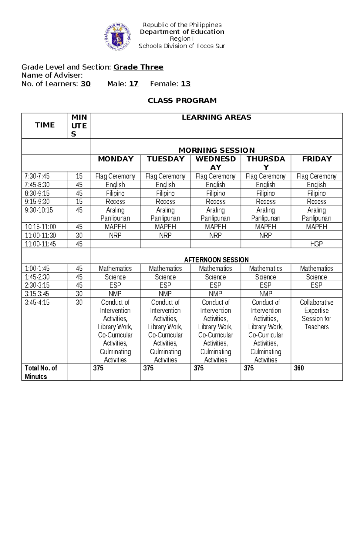 Class PROG Grade 3 - Republic of the Philippines Department of ...