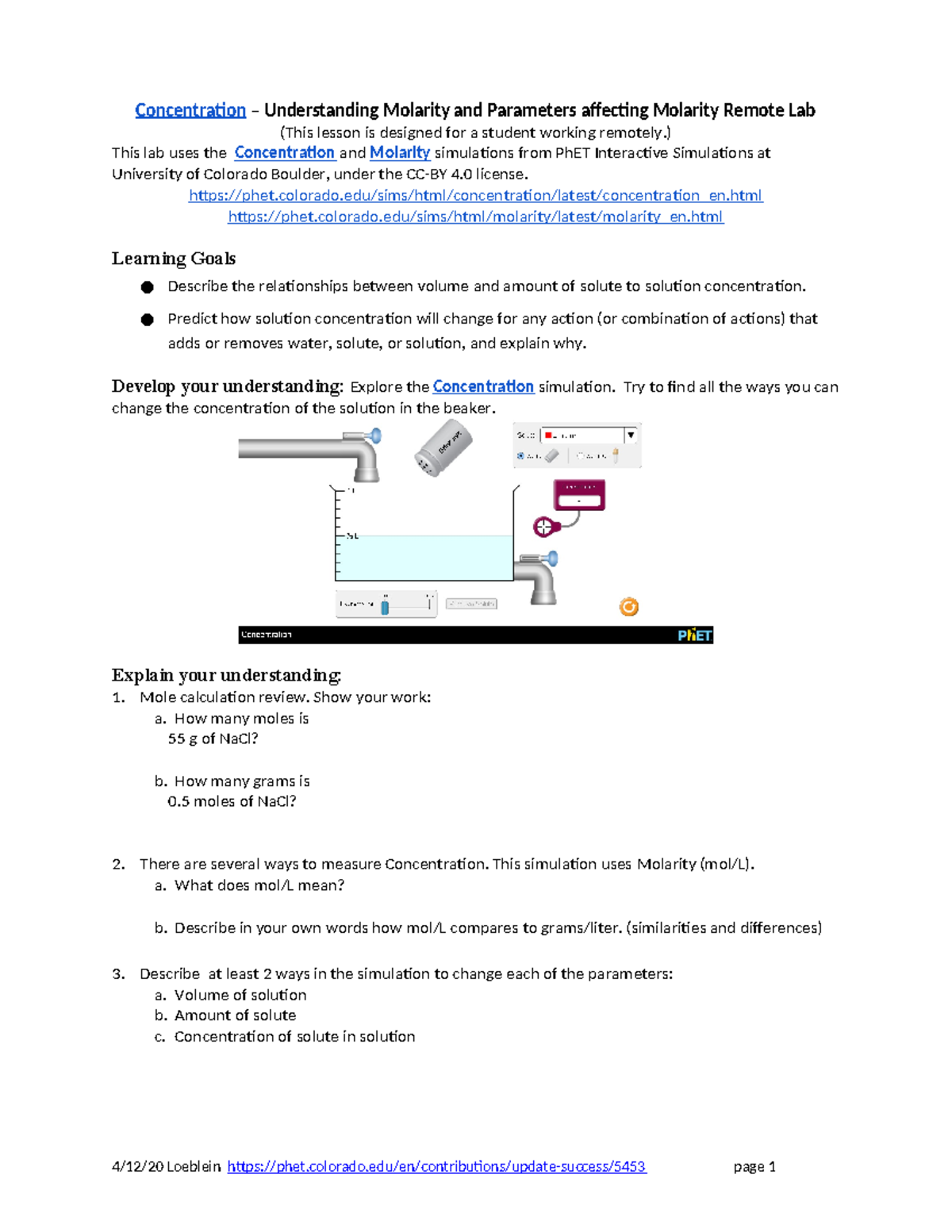 Molarity Concepts and Experimentation: PhET Simulation Worksheet - Studocu