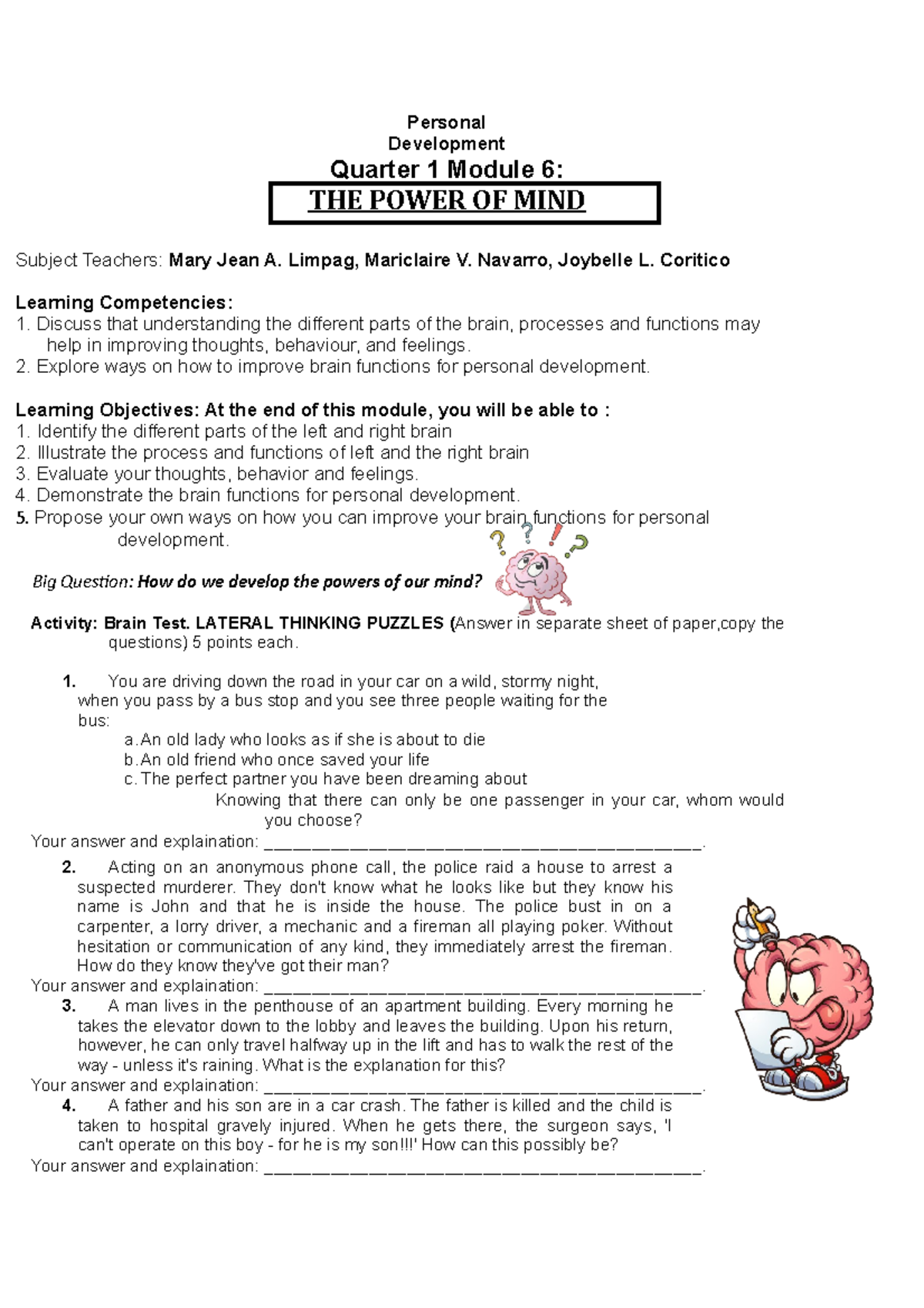 Quarter 1 Module 6: Enhancing Personal Development Through Mind Power ...