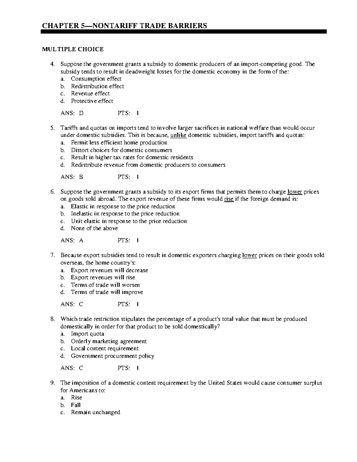 Chapter 05 Test Bank: Sample Questions on Nontariff Trade Barriers ...