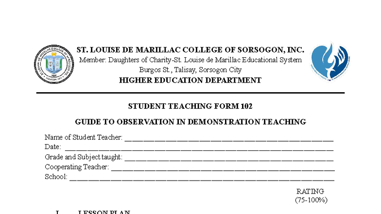 ST. LOUISE DE MARILLAC COLLEGE Student Teaching Form 102 Guide - Studocu