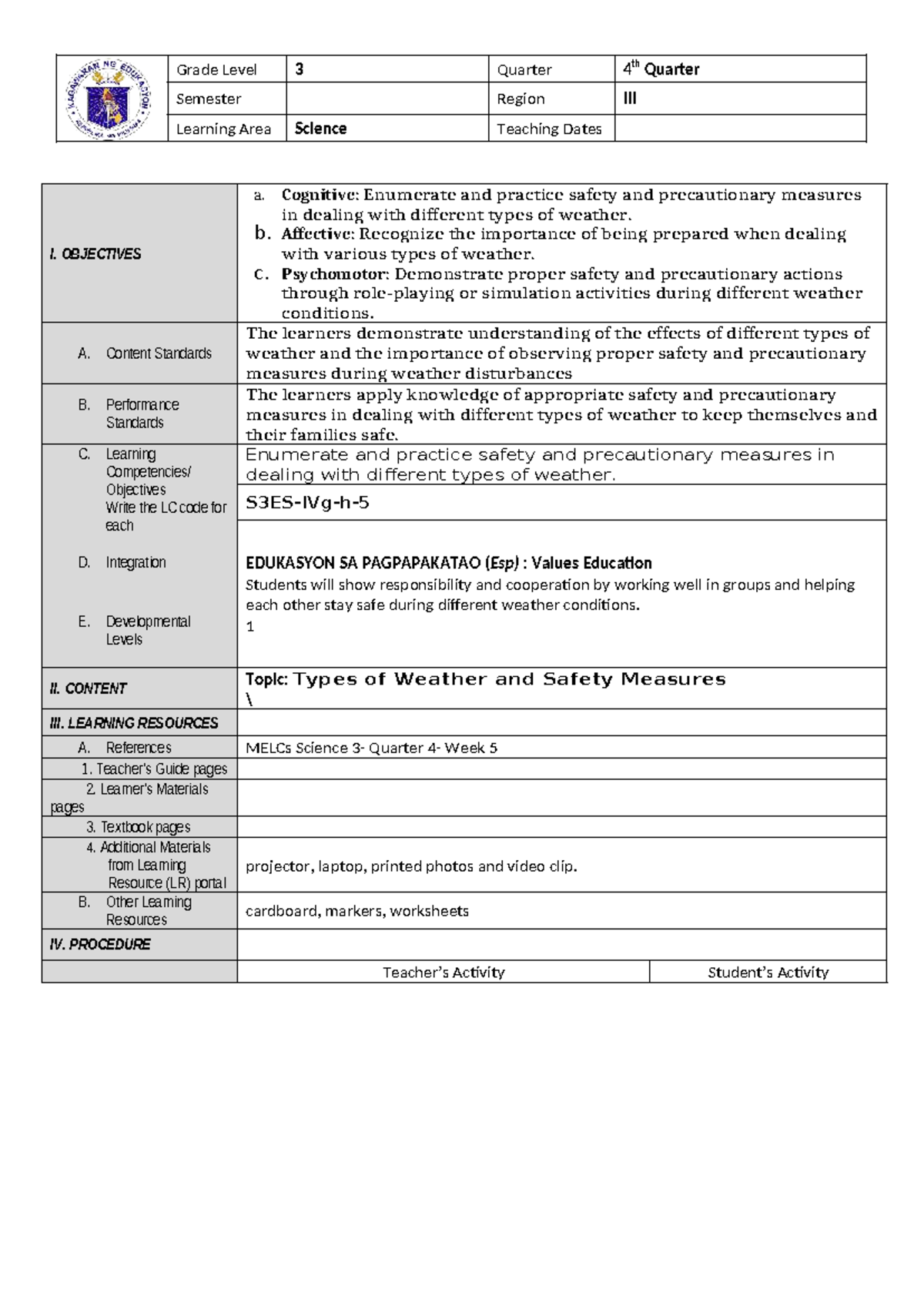Grade 3 Science DLP: Weather Types & Safety Precautions - Studocu