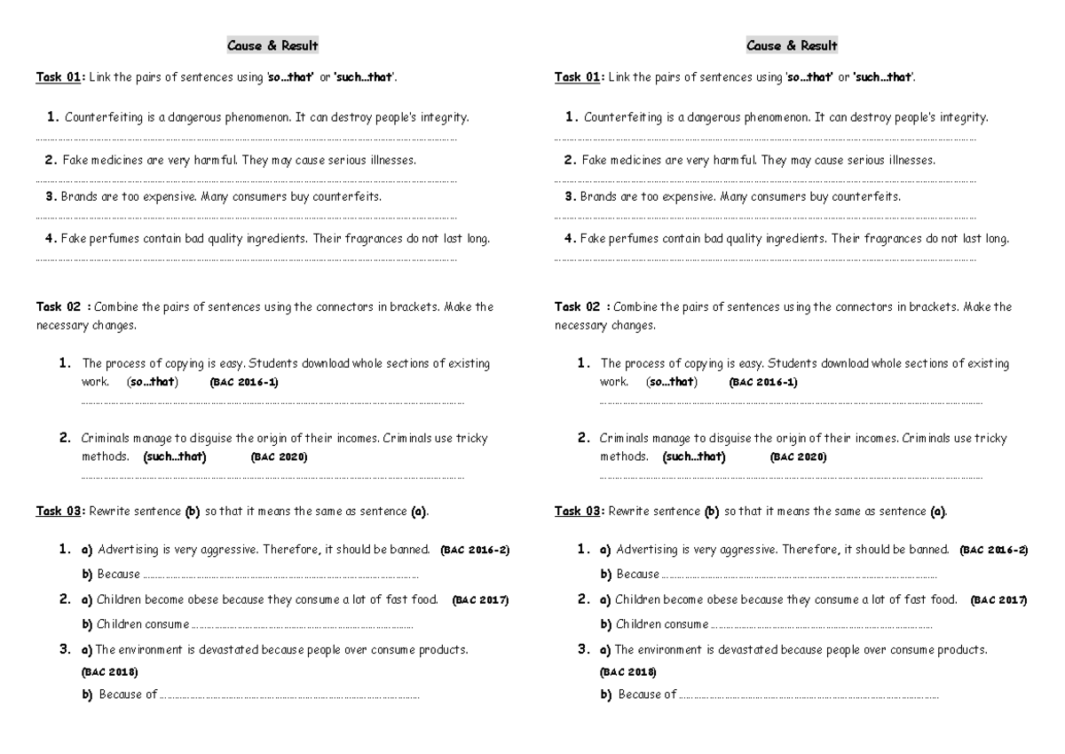 BAC Cause and Effect: Linking Sentences and Rewriting Tasks - Studocu