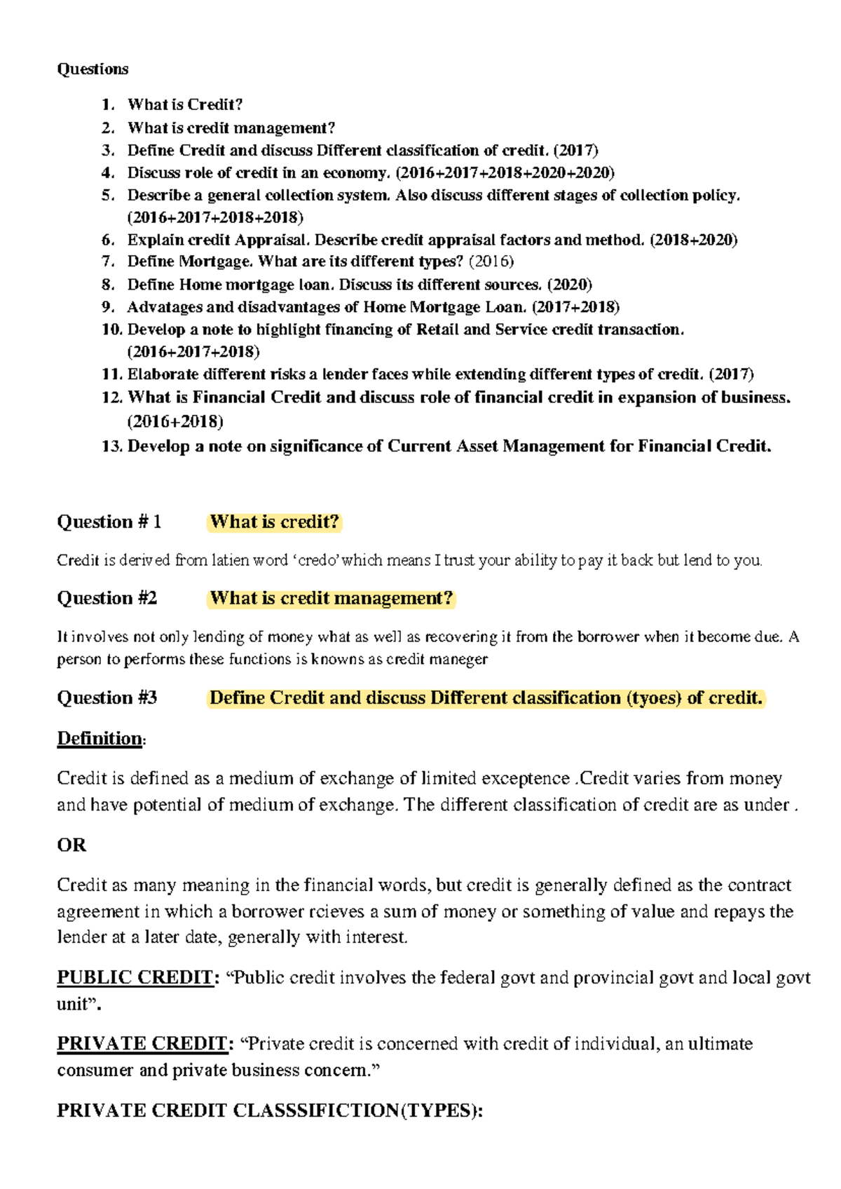 Credit Management Notes - Questions What is Credit? What is credit ...