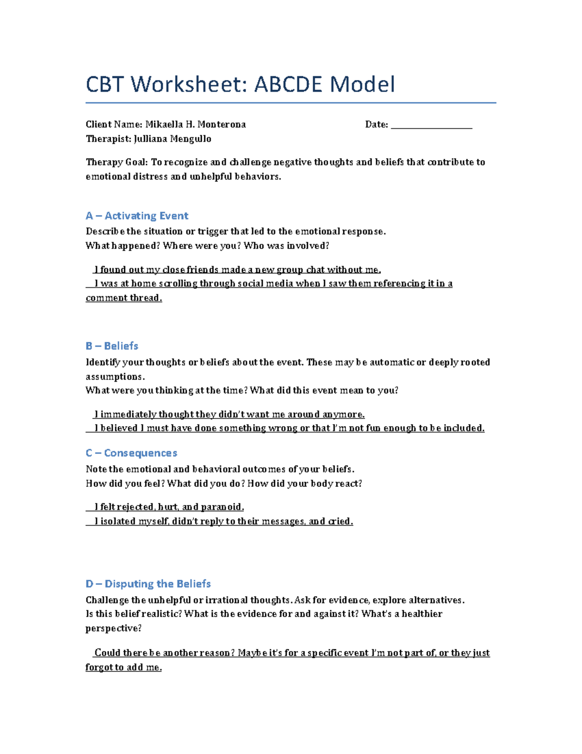 CBT Worksheet: ABCDE Model for Emotional Distress - Mikaella H ...