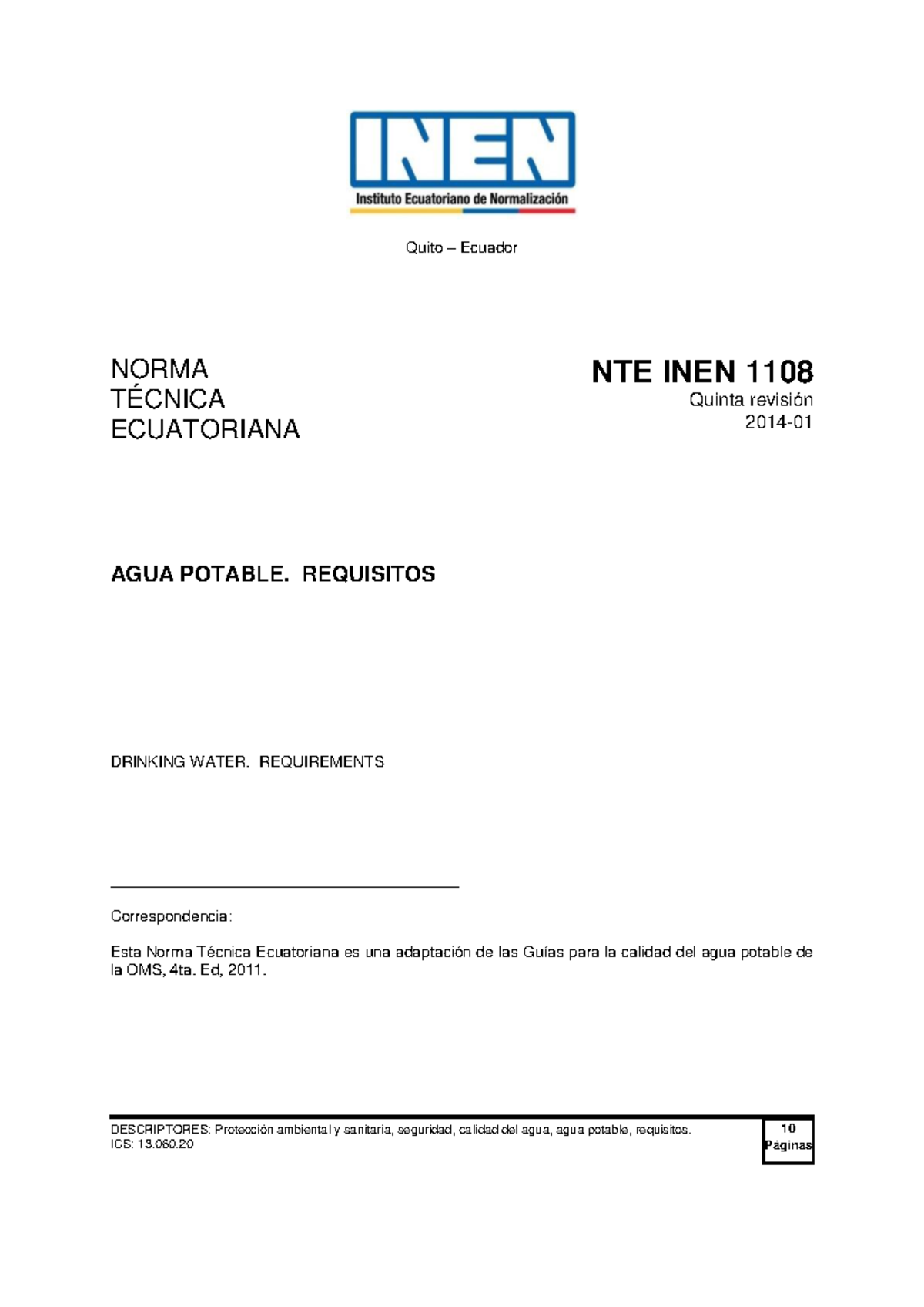 NTE INEN 1108: Requisitos para Agua Potable en Ecuador - Studocu